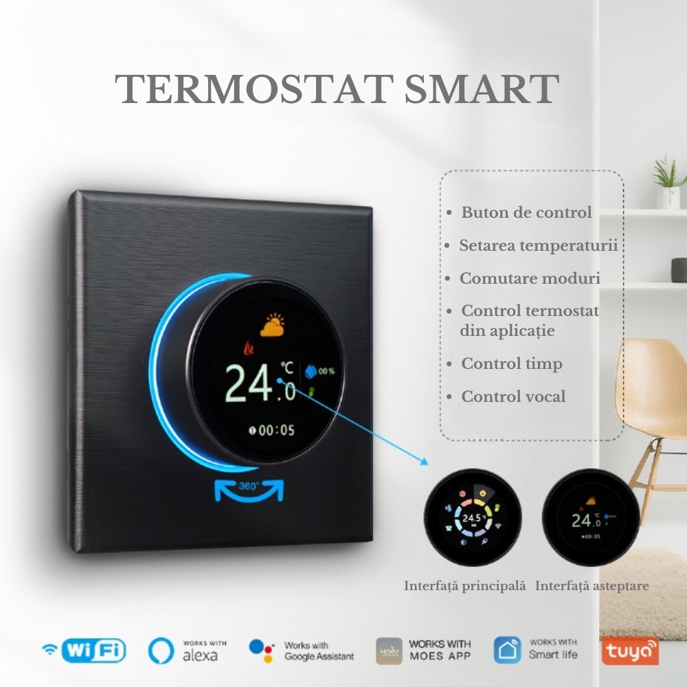 Termostat Inteligent cu Wi-Fi, Control de la Distanta, Ecran Tactil ...
