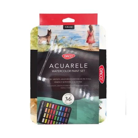 Acuarele 36 culori in cutie metalica Daco, 1 pensula rezervor si ...