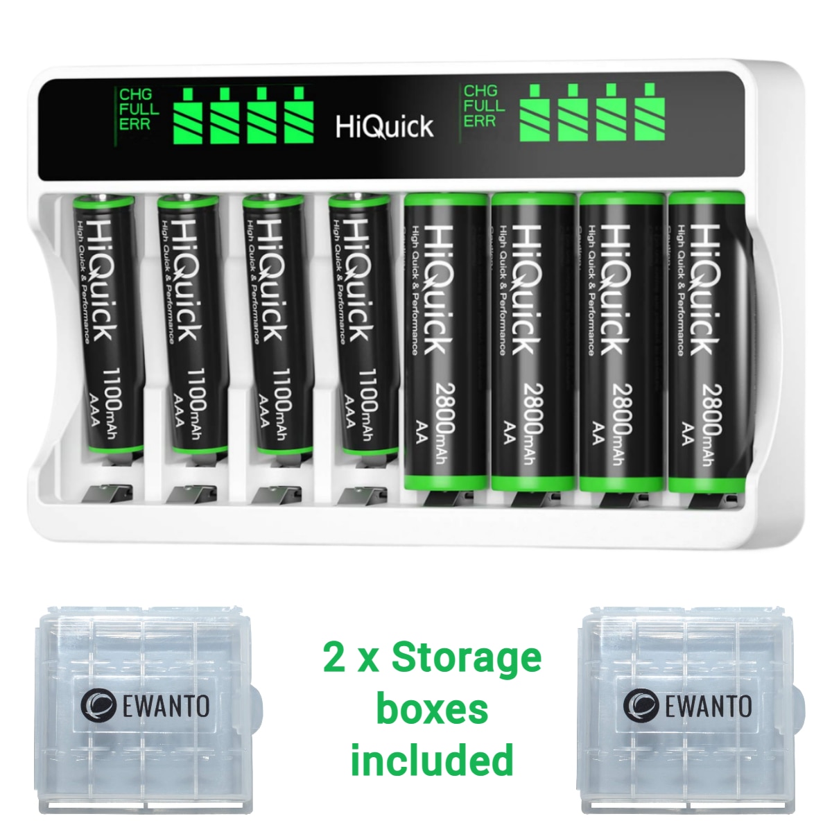 Incarcator pentru 8 acumulatori HiQuick, set cu 4 baterii AA 2800 mAh ...