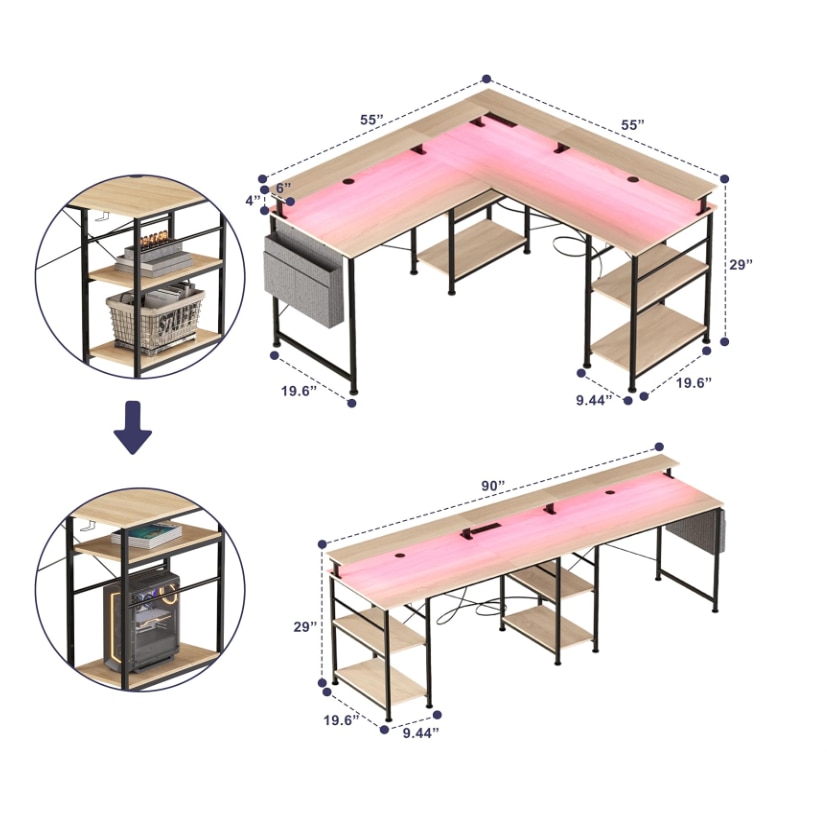 Birou pentru calculator, 140x140x85CM, in forma de L, design cu lumina ...