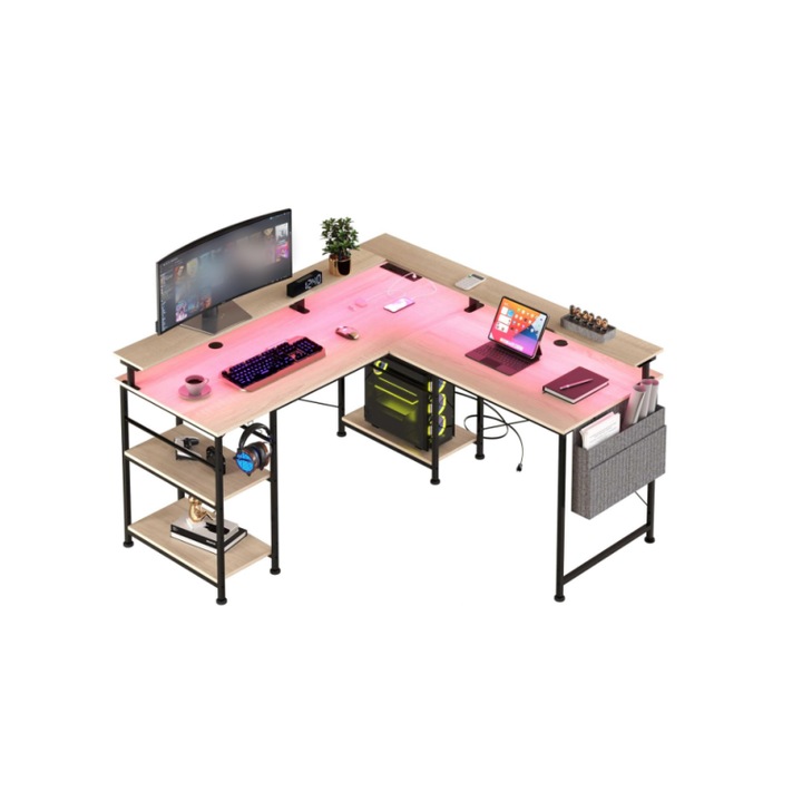 Birou pentru calculator, 140x140x85CM, in forma de L, design cu lumina ...