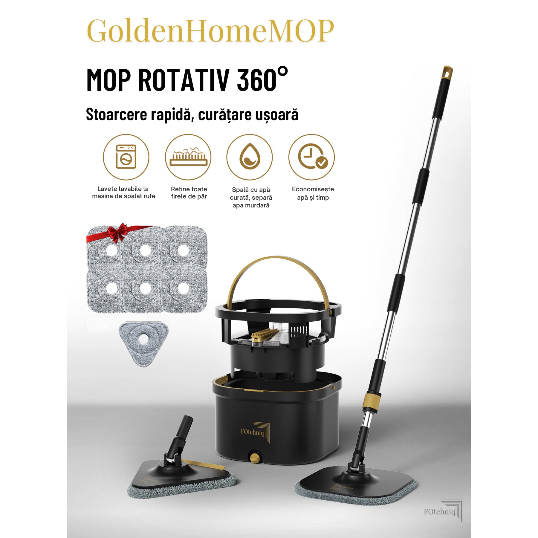 Set Mop Rotativ Profesional 7in1 GoldenHomeMOP® FOtehniq, 6 Lavete ...
