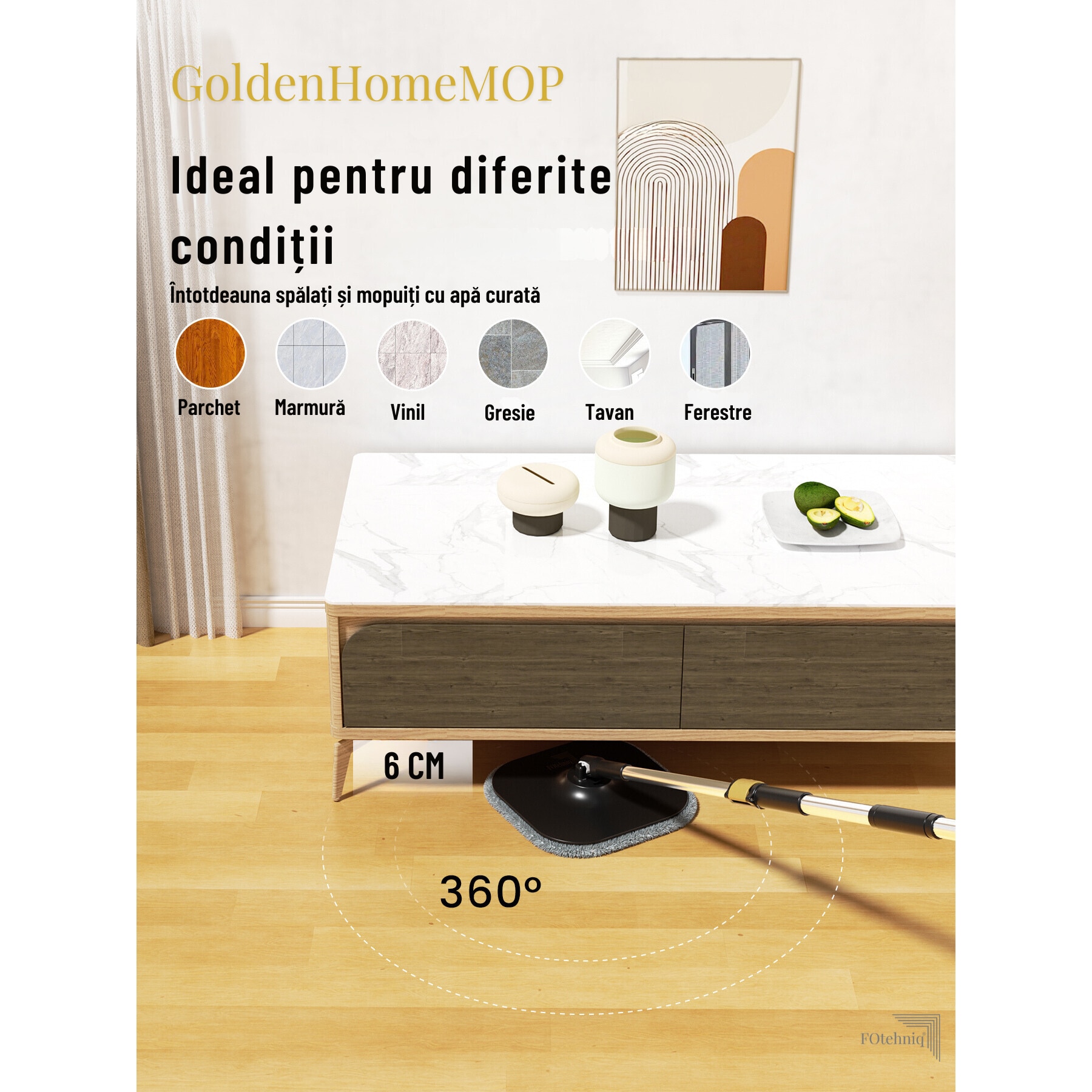 Set Mop Rotativ Profesional 3in1 GoldenHomeMOP® FOtehniq, 2 Lavete Microfibra Patrate + 1 Laveta ...