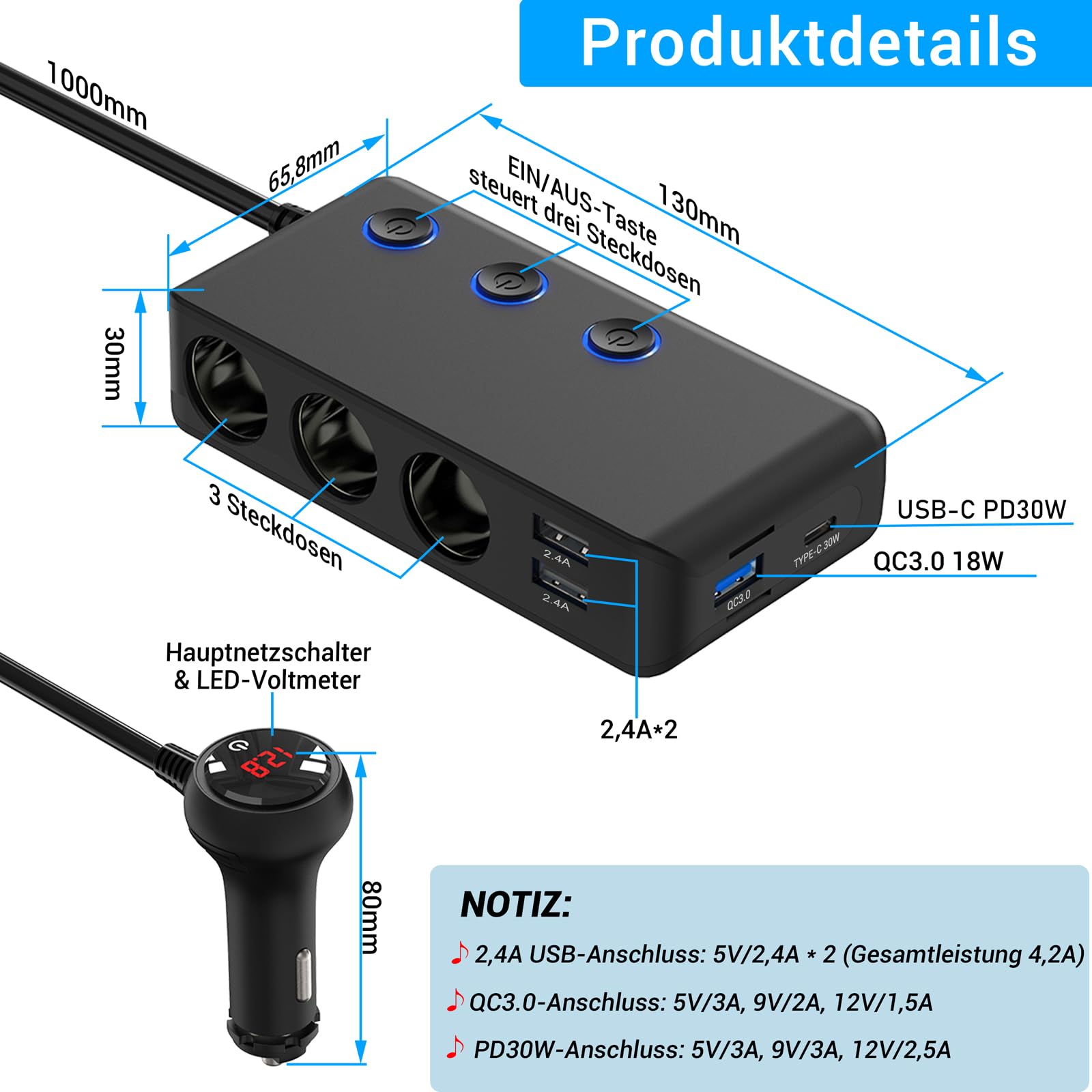 Adaptor priza auto, JENOUS®, 180W, 4 porturi USB PD+QC3.0 Incarcare ...