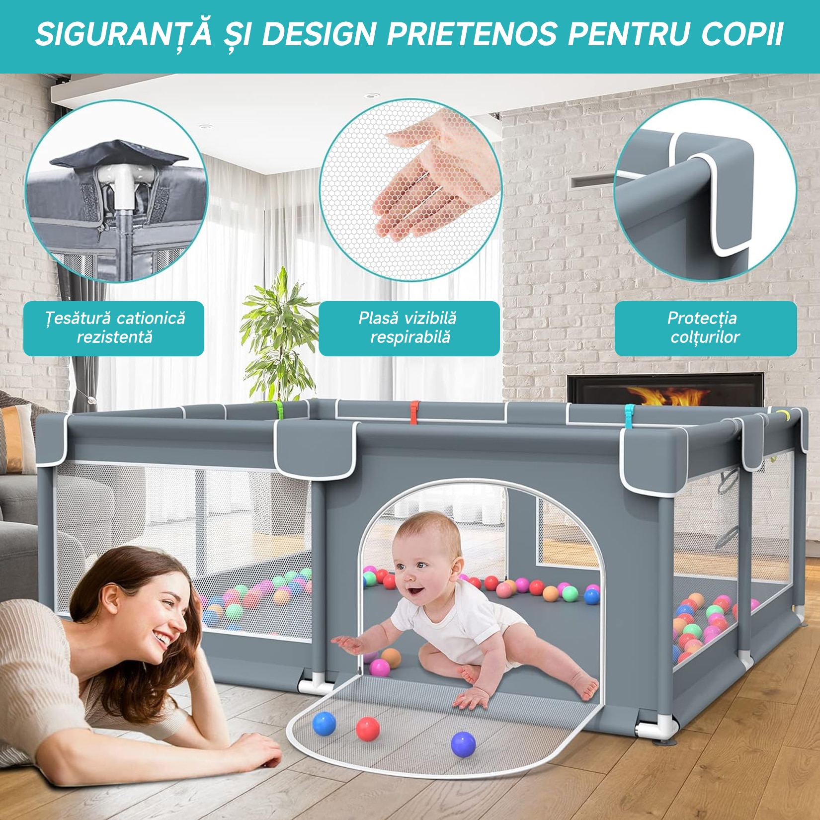 Tarc de joaca pentru copii, 150x180 cm, colturi protejate, design ...