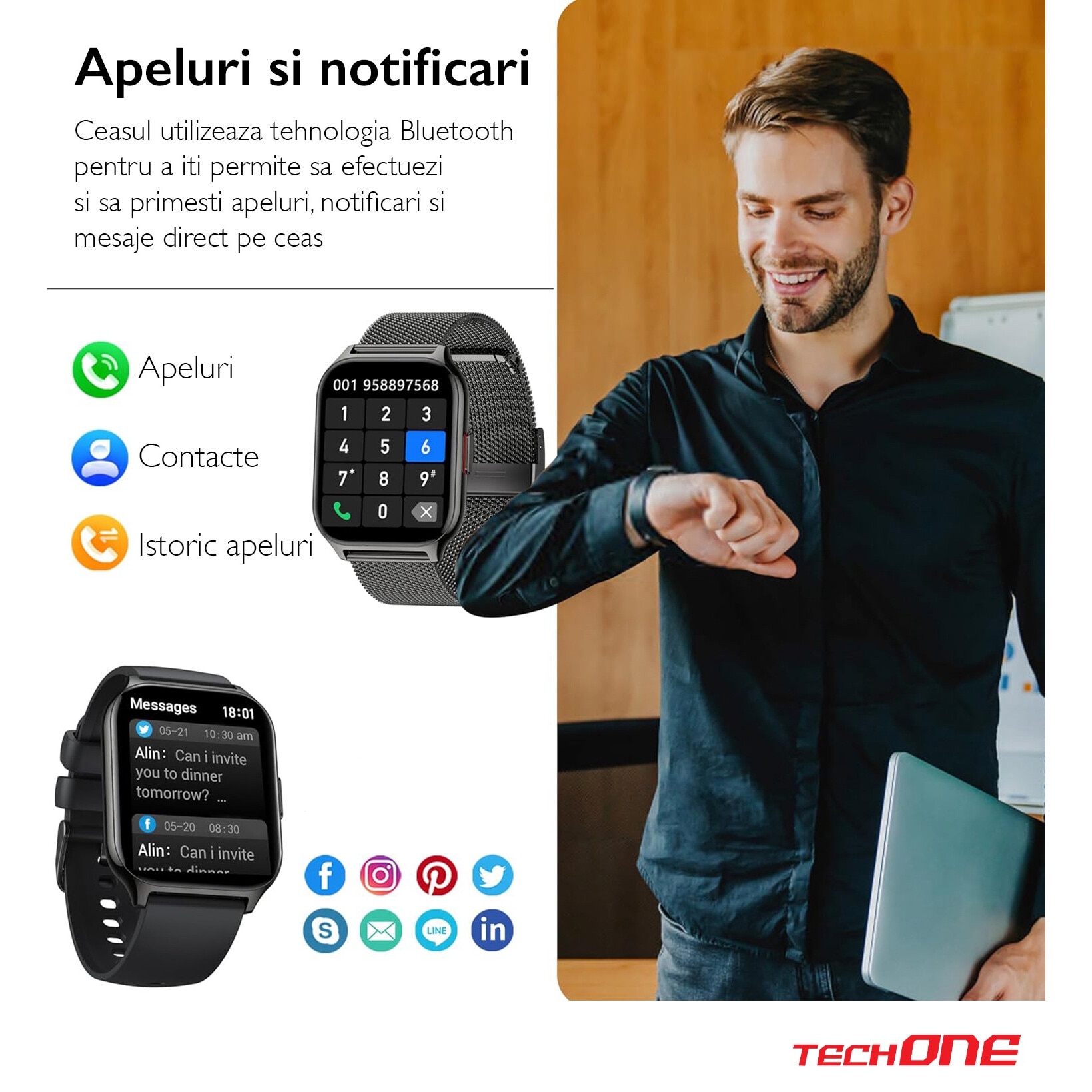 Ceas Smartwatch Barbati TechONE® Wand Pro, 2 inch SUPER AMOLED ...