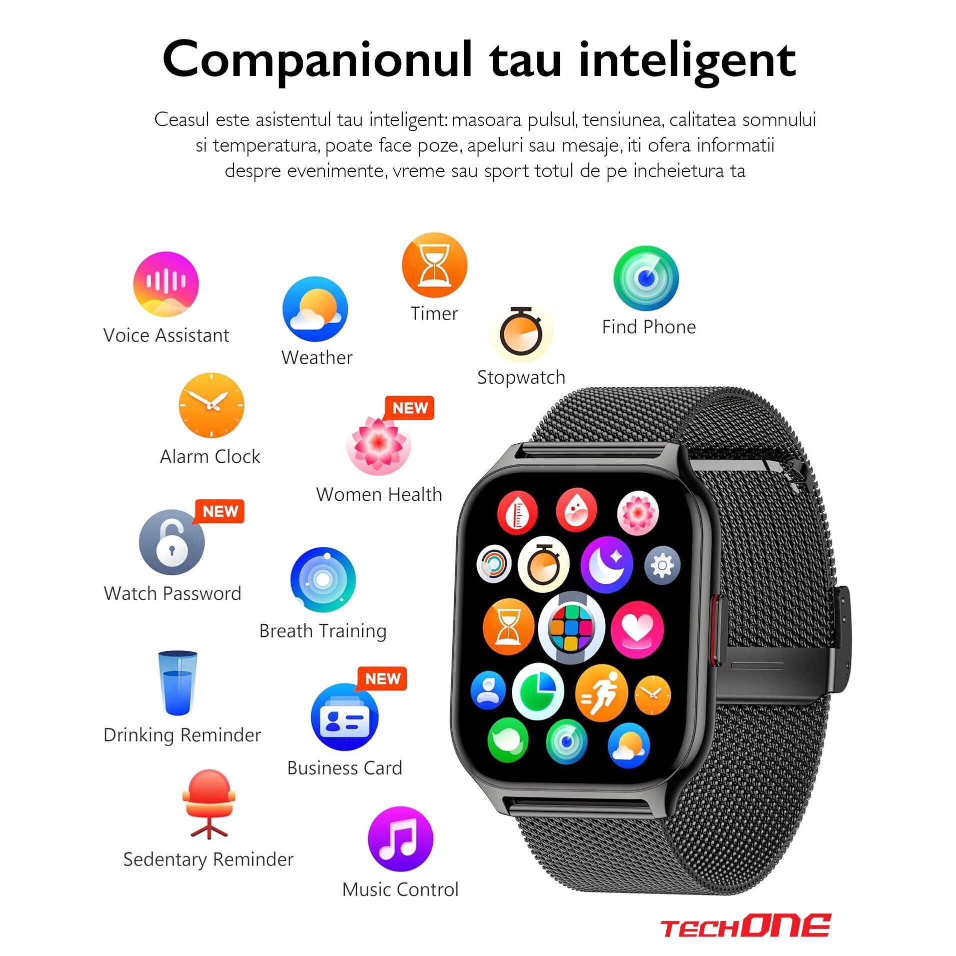 Ceas Smartwatch Barbati TechONE® Wand Pro, 2 inch SUPER AMOLED ...