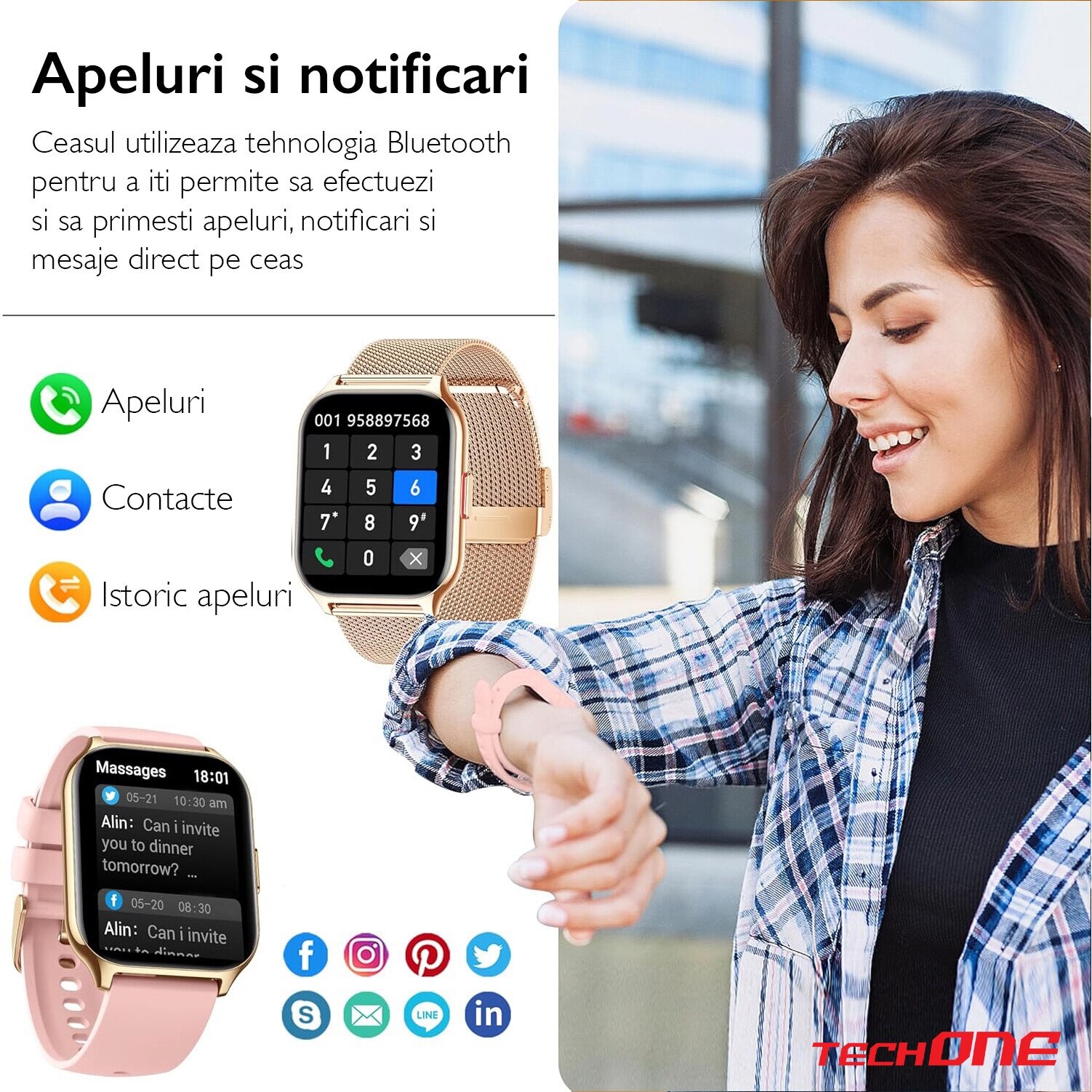 Ceas Smartwatch Femei TechONE® Wand Pro, 2 inch SUPER AMOLED ...