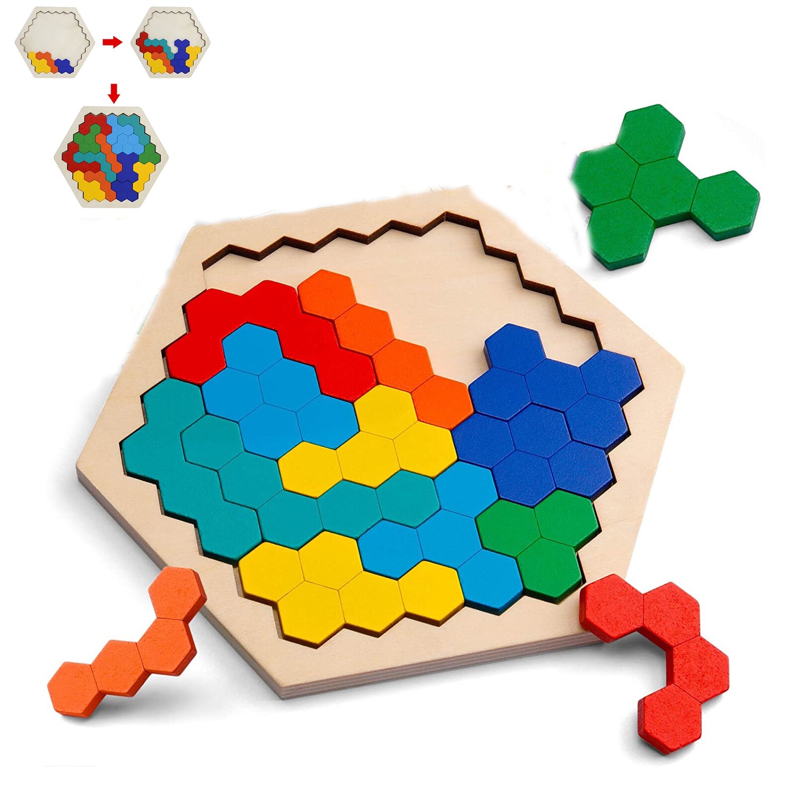 Set puzzle geometric din lemn, 14 piese, 7 culori, 18.5x16.5cm - eMAG.ro