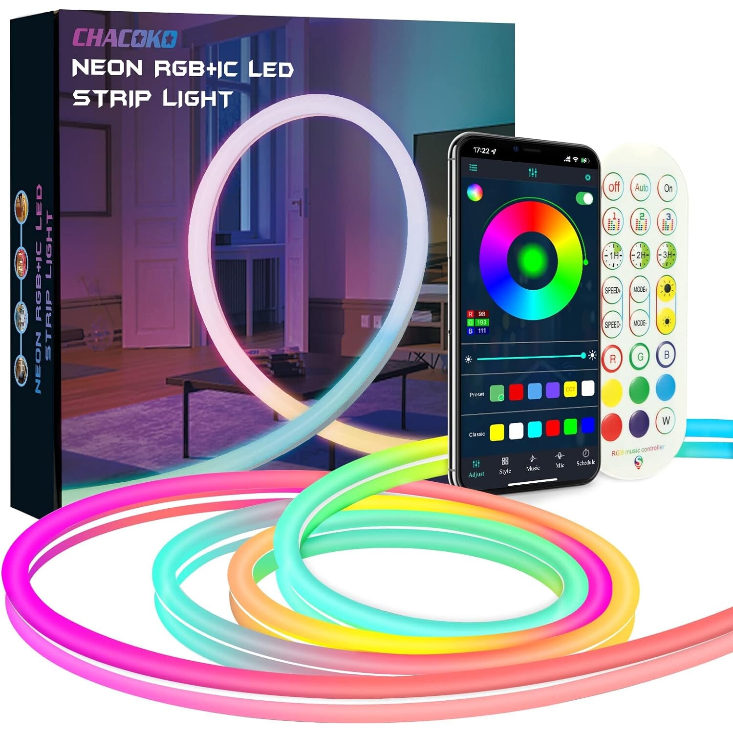 Banda LED RGB Neon 5m, efect curcubeu, impermeabil IP65, control prin ...