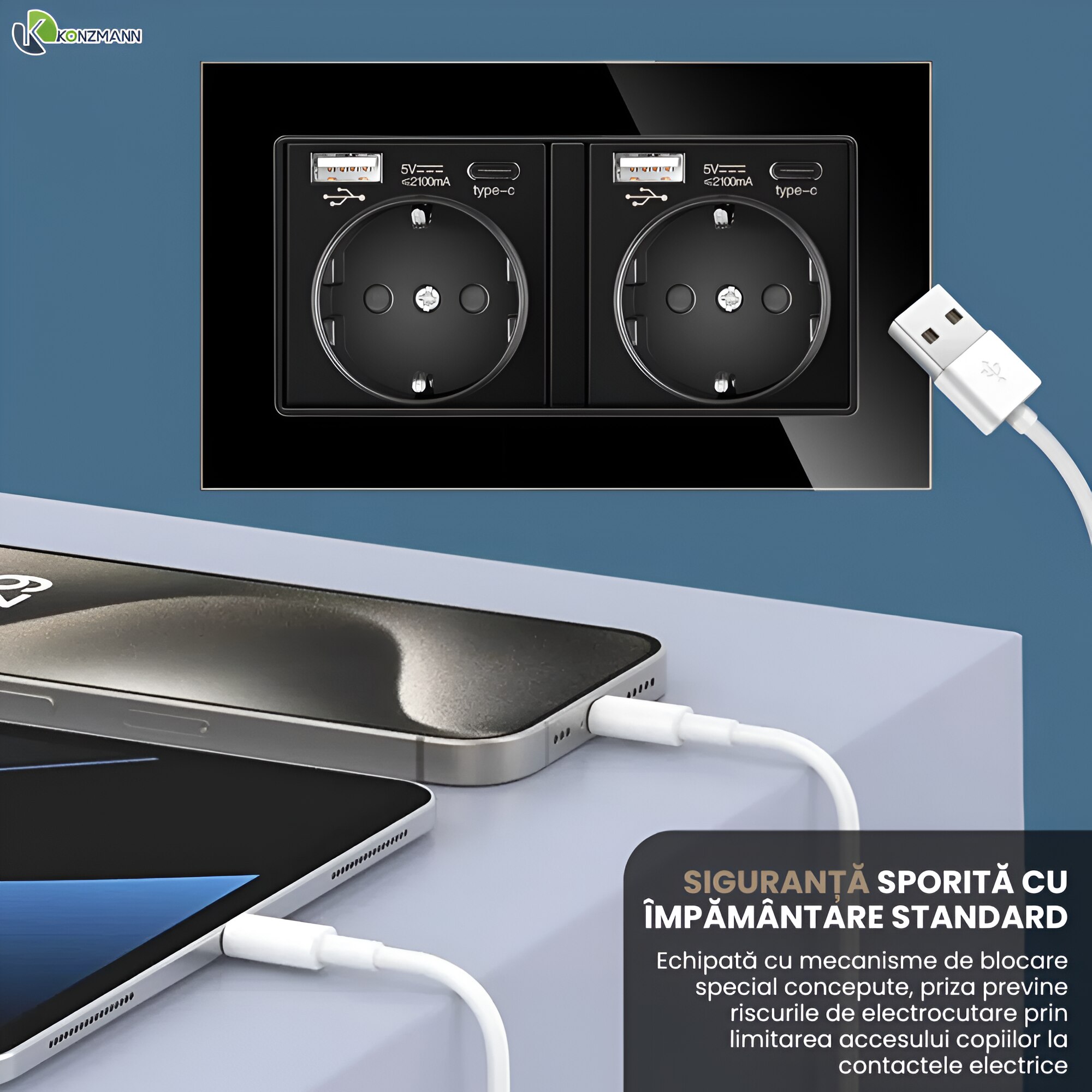 Priza Electrica Dubla cu Rama din Sticla Securizata Konzmann, 230V, 2 ...