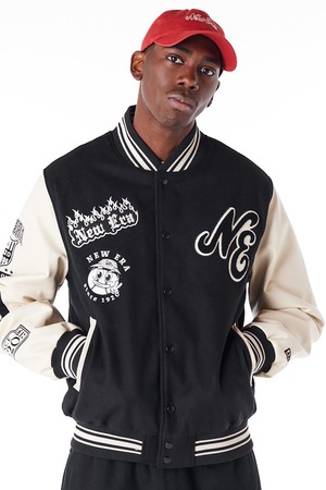 New Era, Jacheta varsity din amestec de lana cu capse, Negru, Alb, S ...