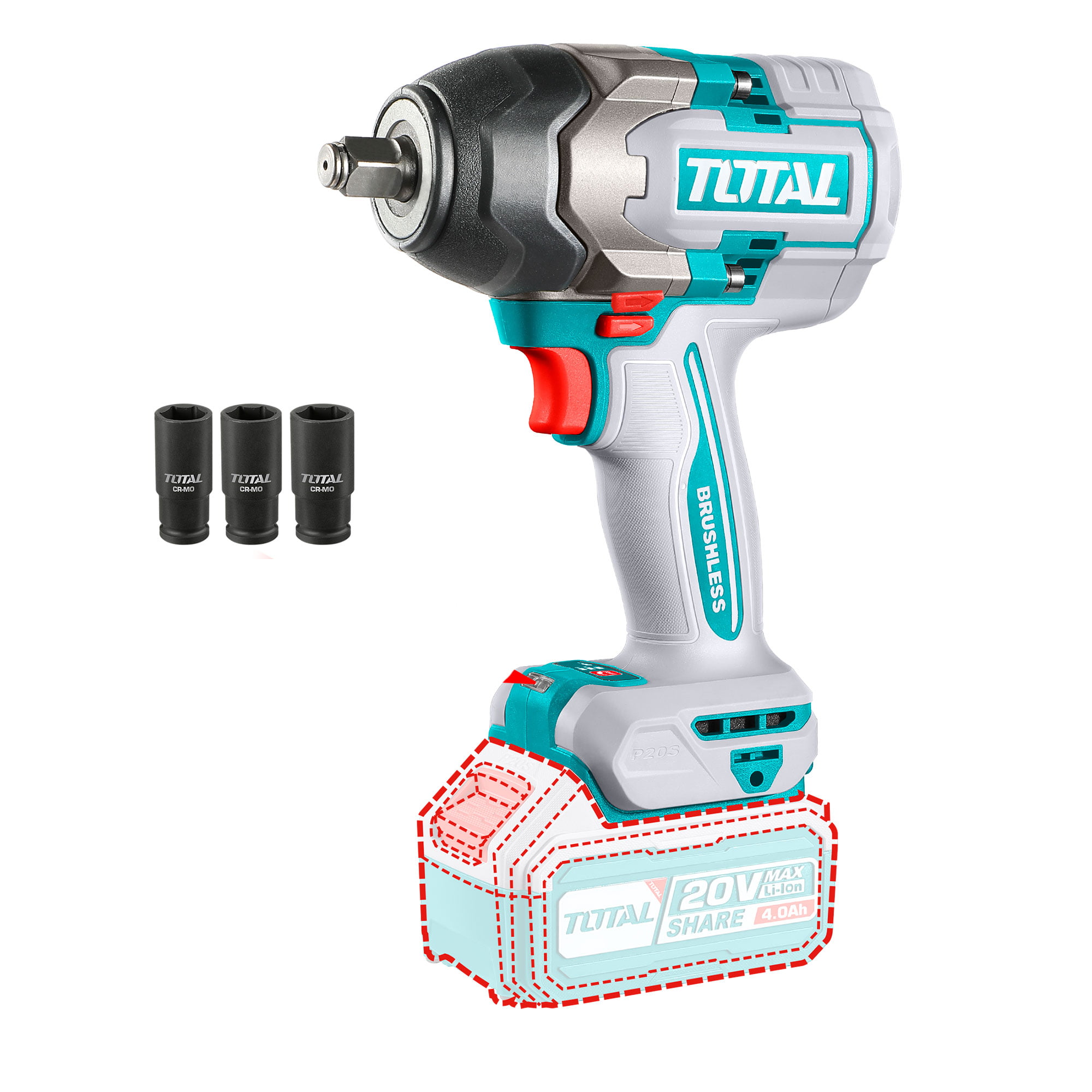 Cheie de impact fara perii TOTAL, 850Nm, 20V, cu LED, set 3 tubulare ...