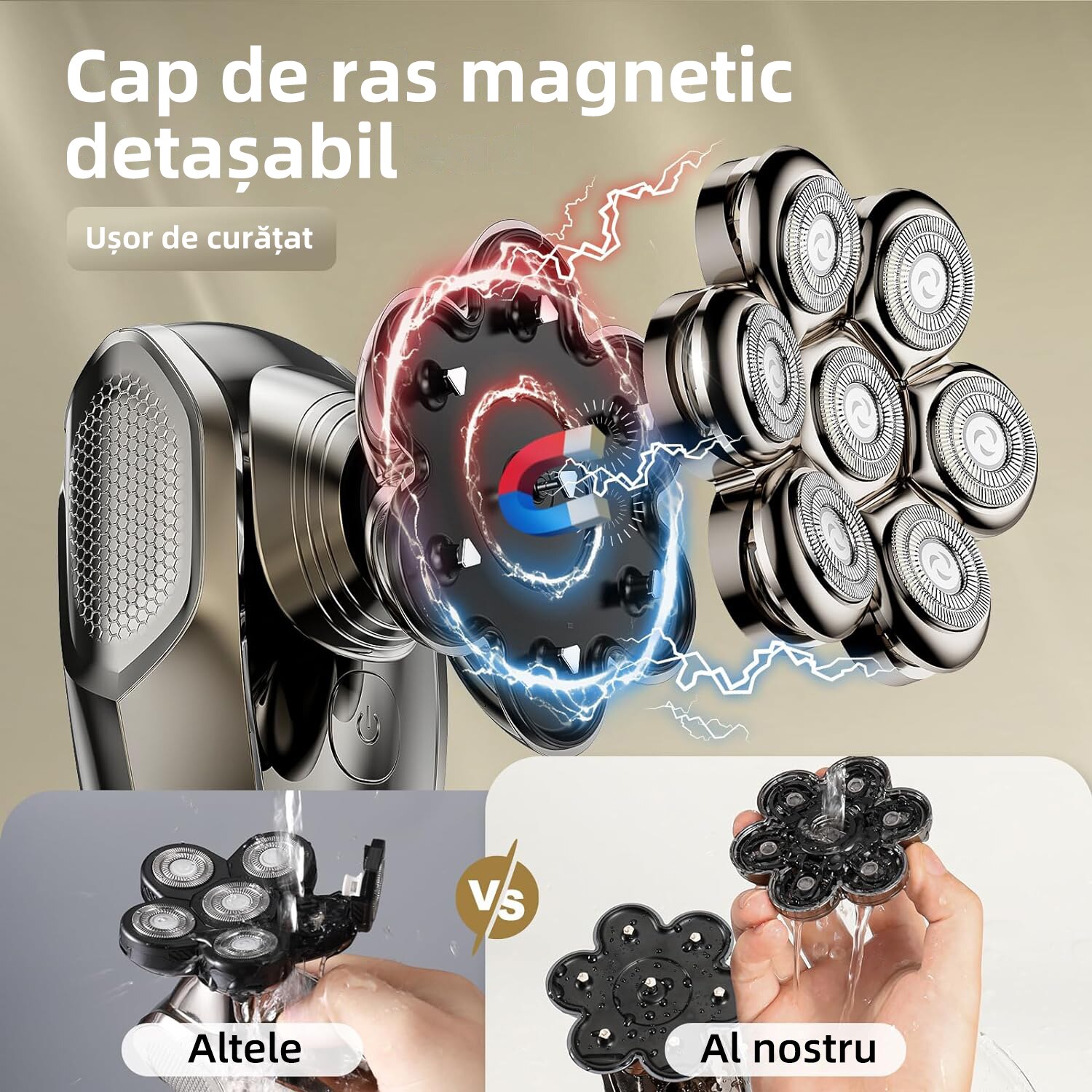 Aparat de ras electric 7D, Qtenzivize, 7 lame rotative, Cap detasabil ...