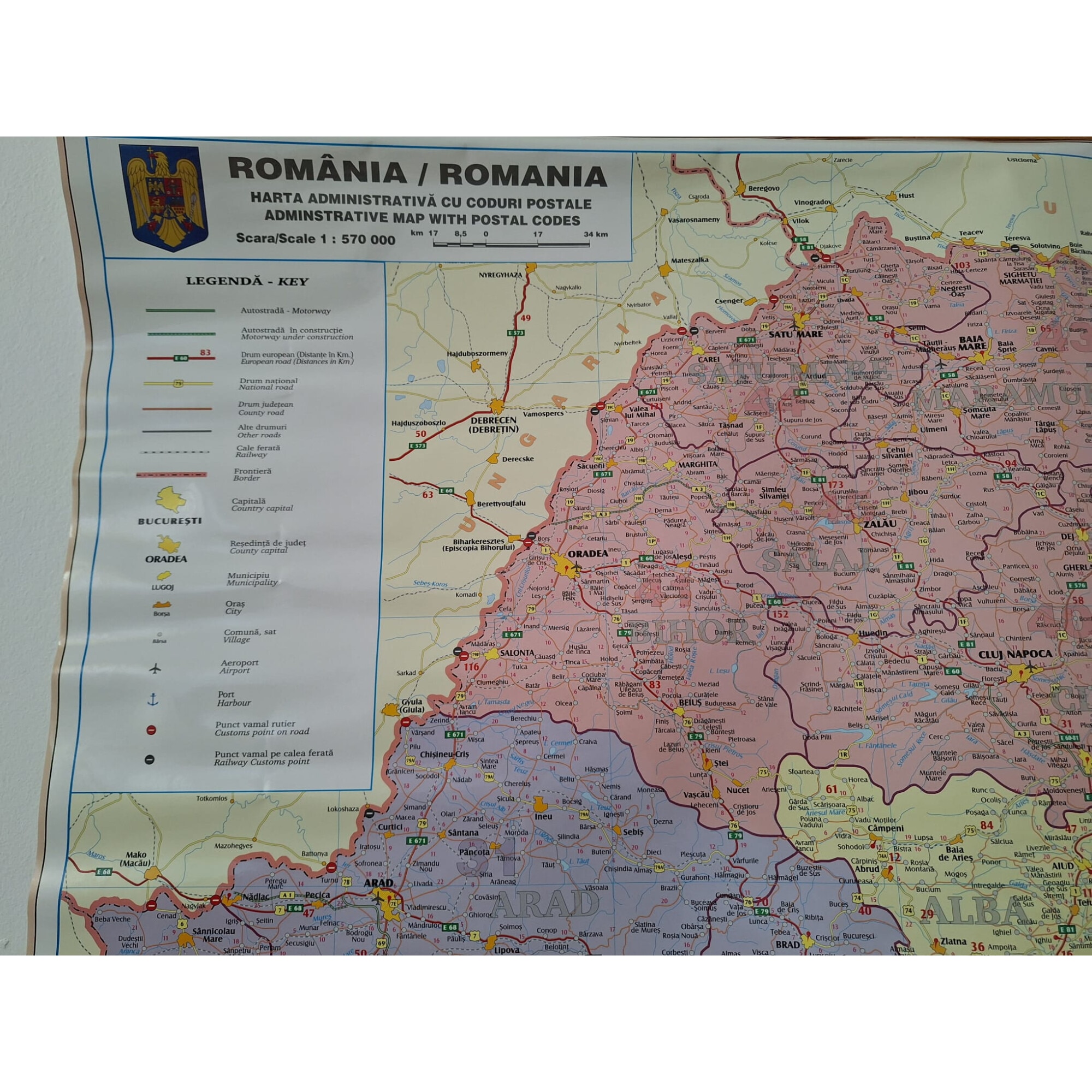 Harta de perete administrativa a Romaniei, cu coduri postale, laminata ...