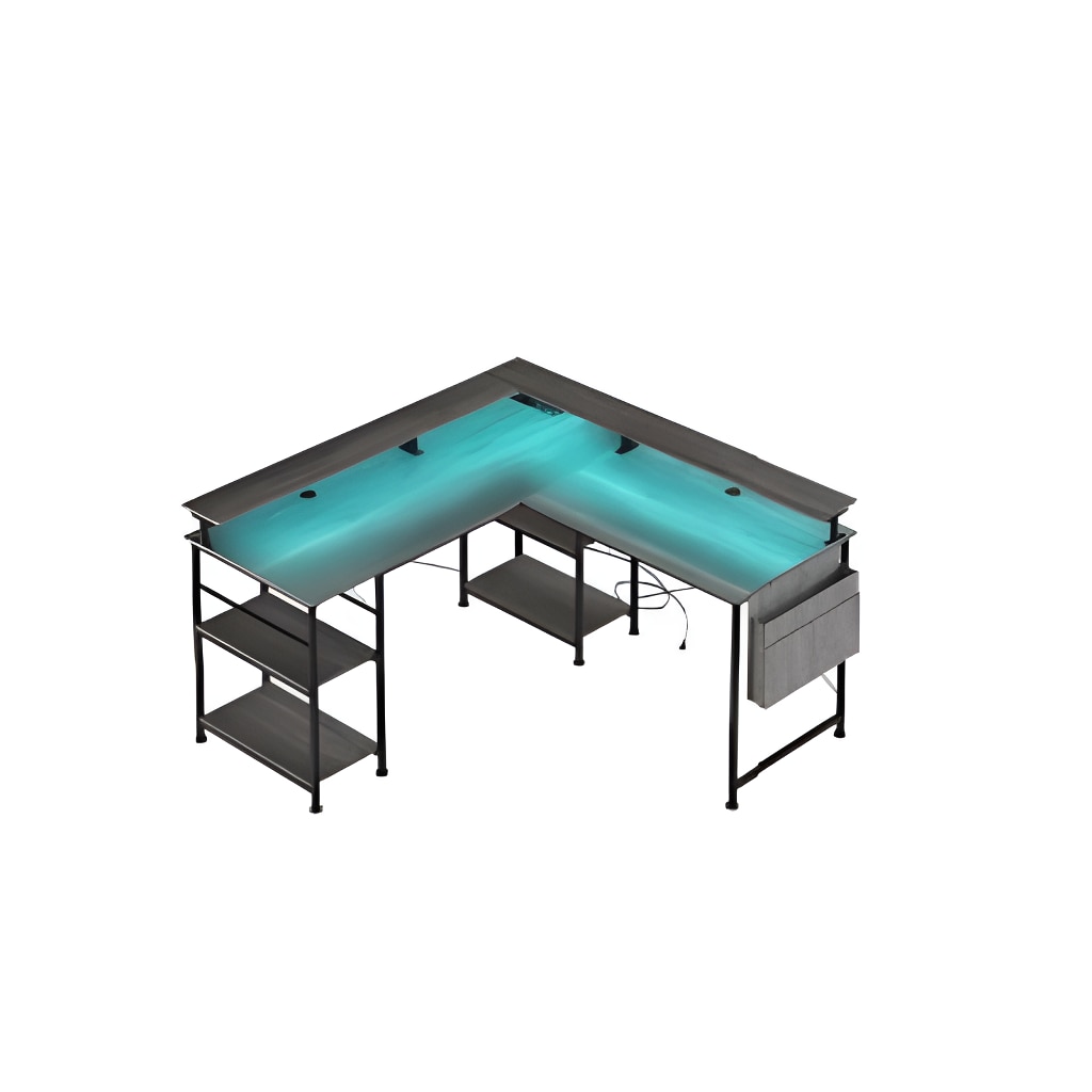 Birou pentru calculator, 140x140x85CM, in forma de L, design cu lumina ...