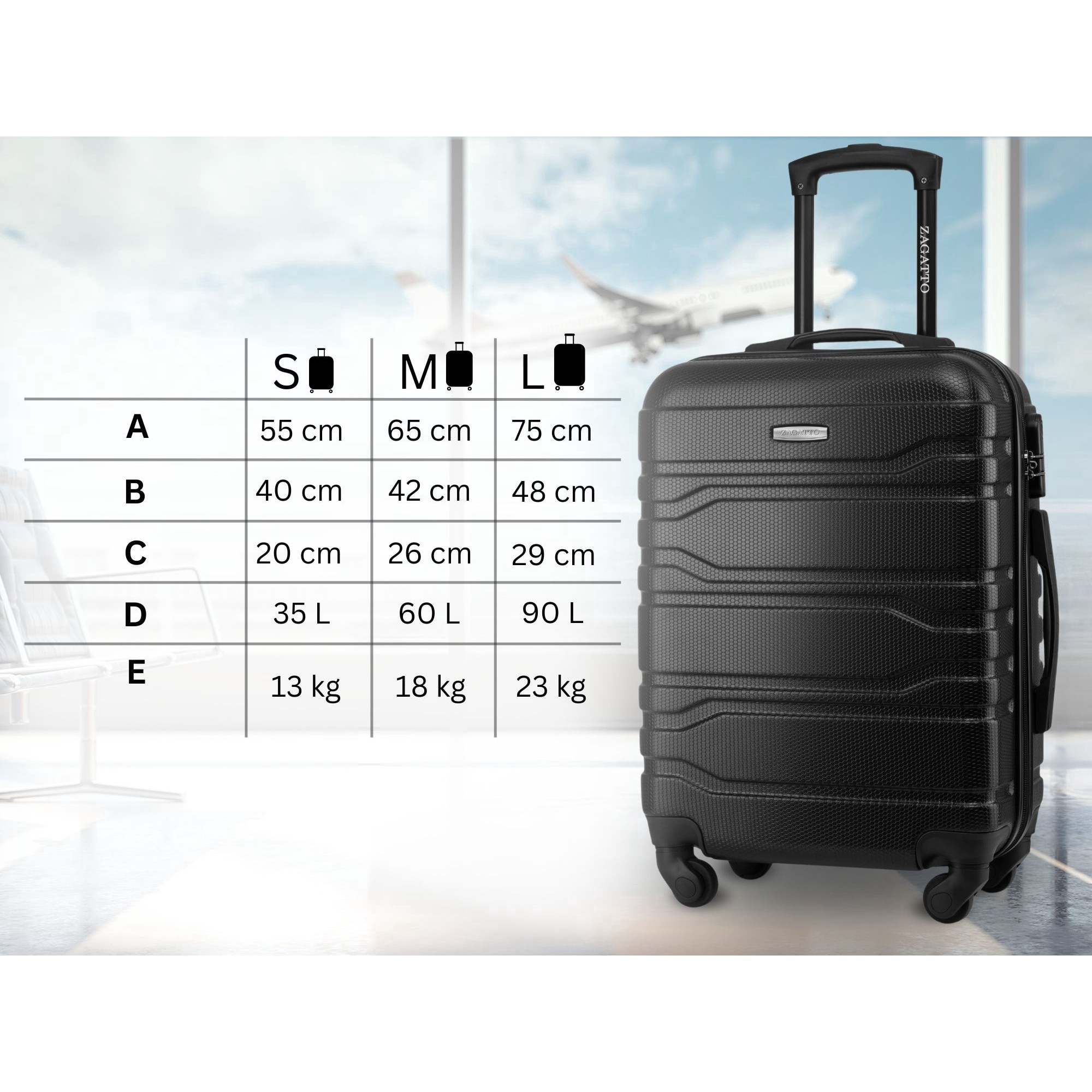 Troler cabina avion, Zagatto®, Negru, 55x40x20 cm, Marime S, Compatibil Ryanair, Wizz Air, Maner ...