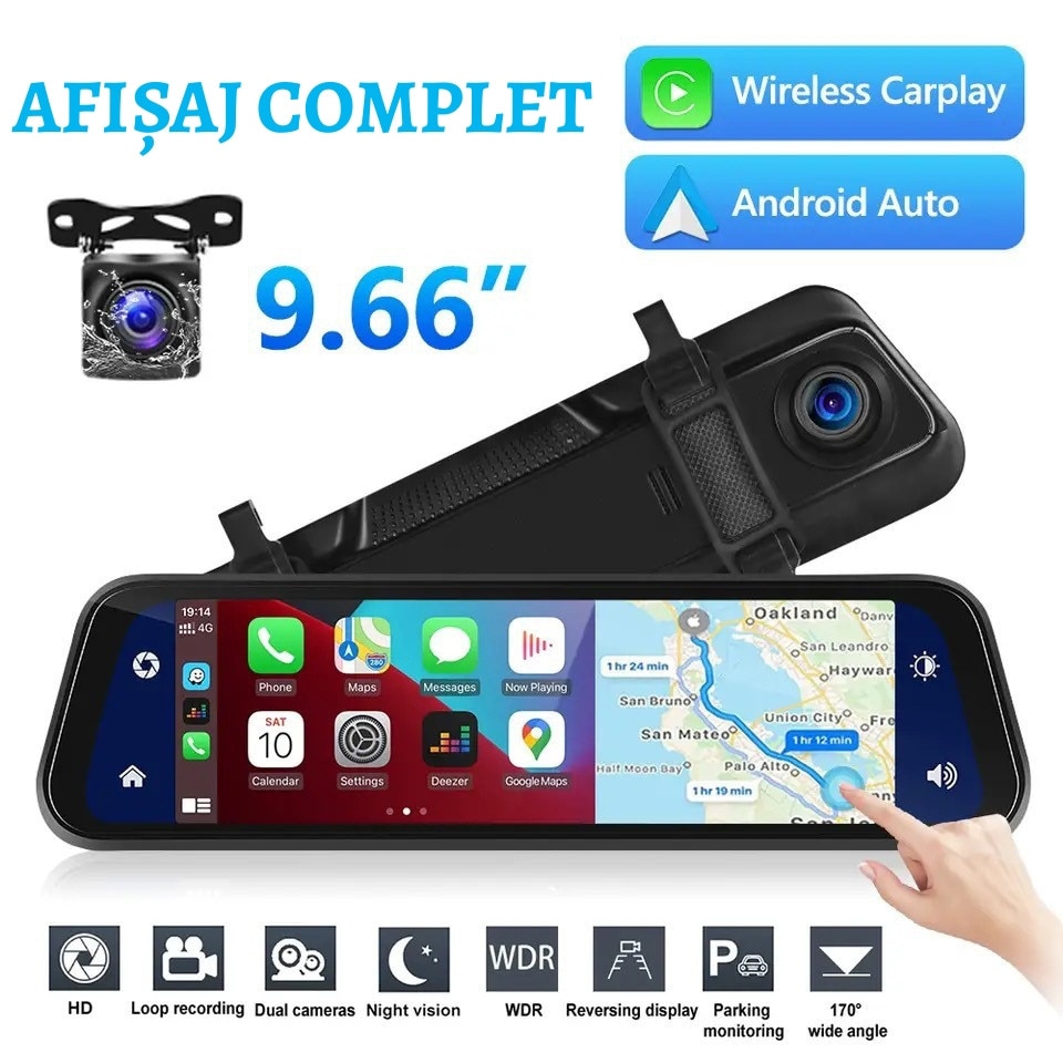 Camera de bord auto tip oglinda WiFi 4K MOGODA®, Fata 4K + spate 1080P ...