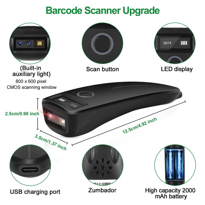 Mini Cititor coduri de bare, SHAWTY, S0121, Suport scanner 1D/2D/QR ...