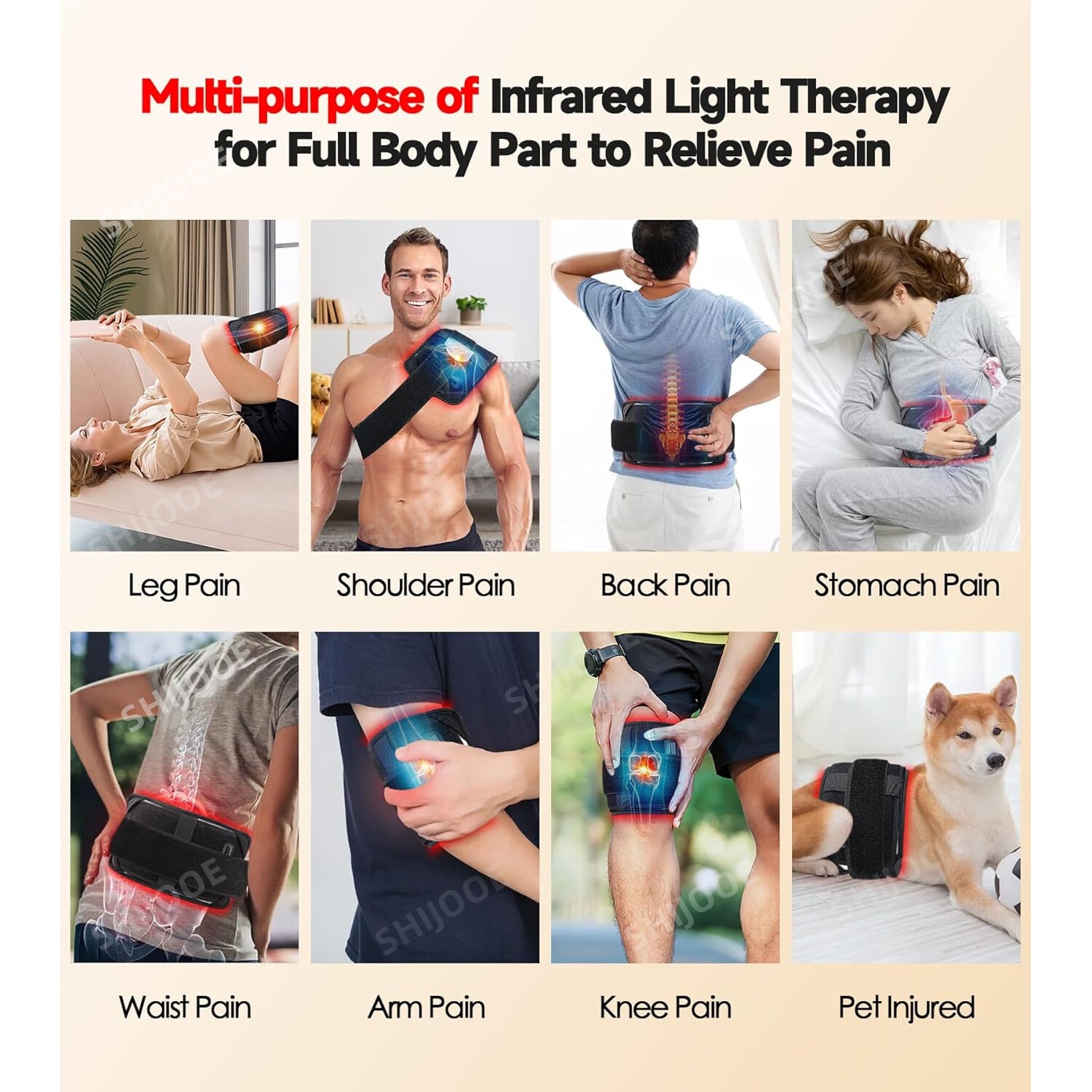 Piros fényterápiás öv, SHIJOOE, 120 LED, 5 fokozatú beállítás, 5 ...