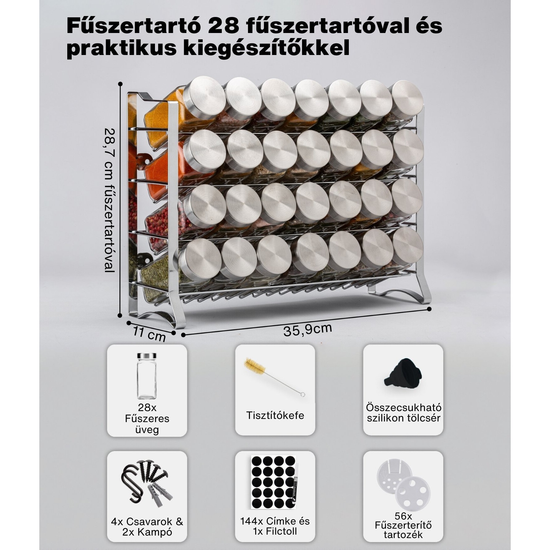 Deco Haus 4 szintes fém fűszertartókészlet, fűszertartó 28 ...