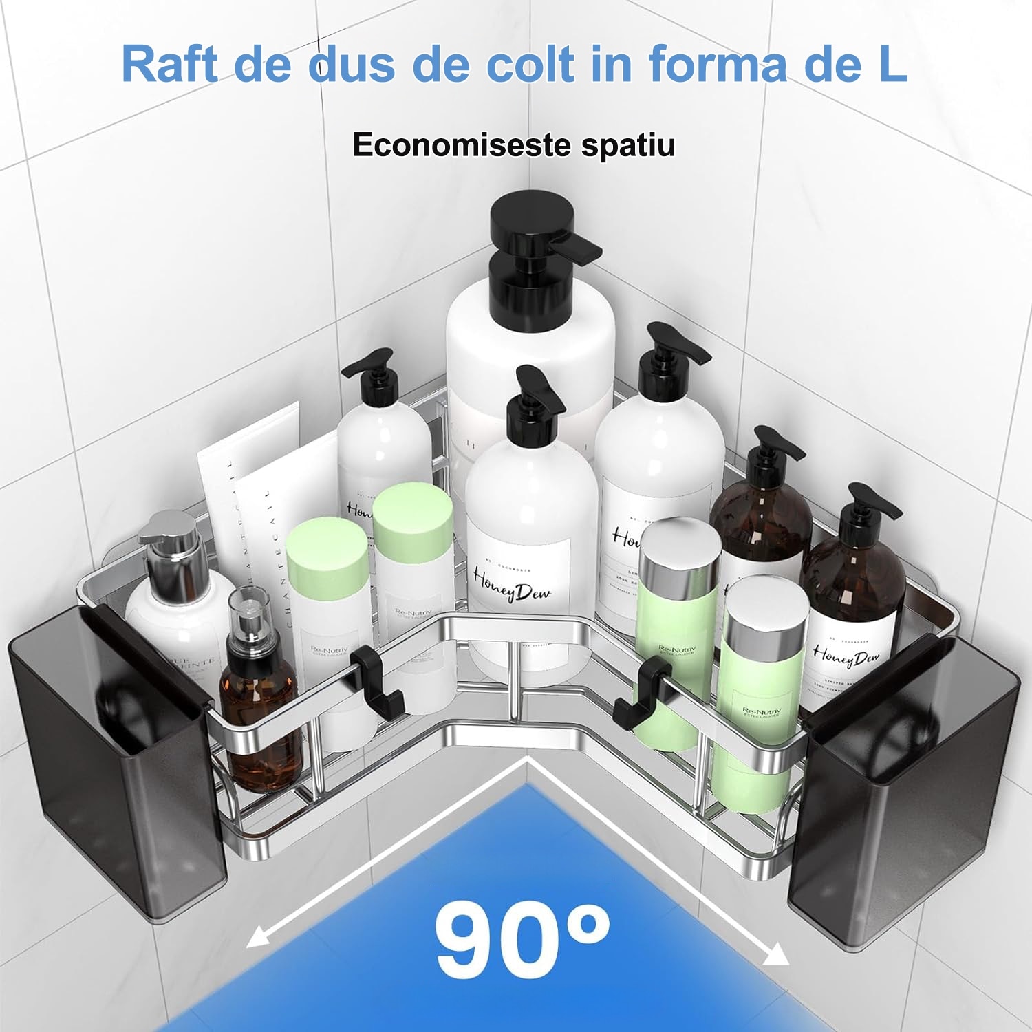 Raft de Dus, BYONDSELF®, Etajera de Colt Pentru Baie, cu 4 Carlige 4 ...