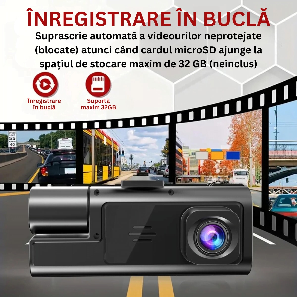 Camera de bord auto tripla WiFi MOGODA®, HD 1080P+480P+480P, Unghi ...