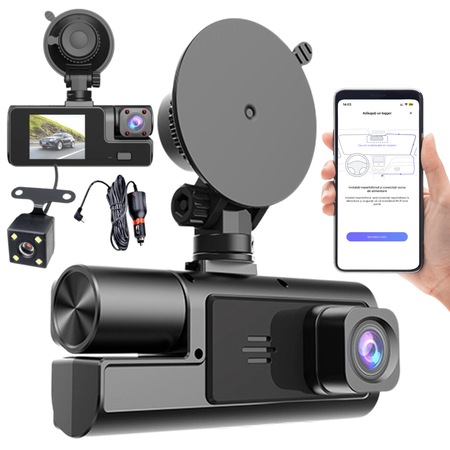 Camera de bord auto tripla WiFi MOGODA®, HD 1080P+480P+480P, Unghi ...