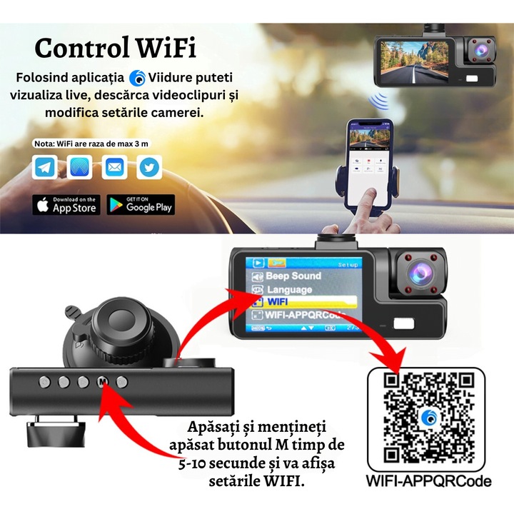 Camera de bord auto tripla WiFi MOGODA®, HD 1080P+480P+480P, Unghi ...