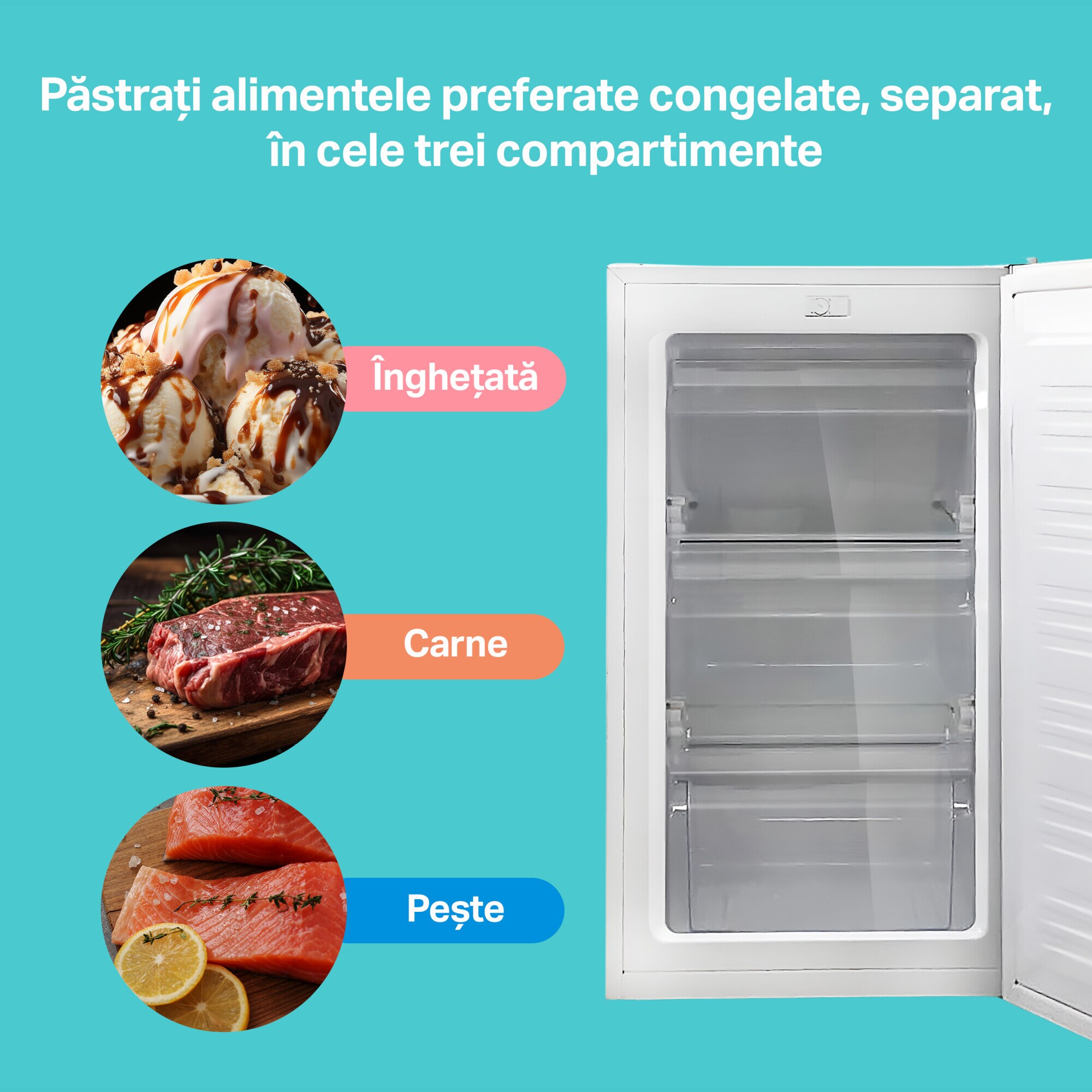 Congelator STARCREST SUF-63WH, Clasa E, Capacitate 63 L, 3 sertare, H ...