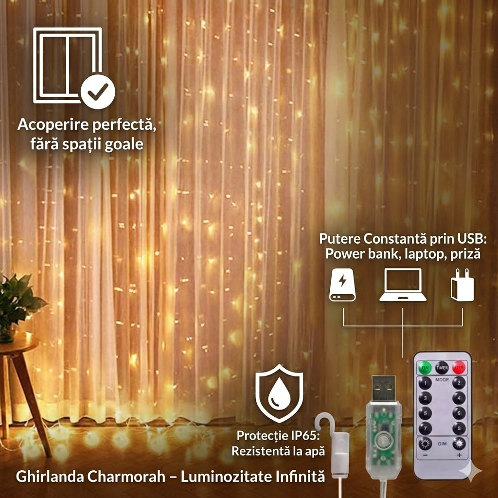 Perdea de lumini Charmorah 3x3m, 300 LED, fir cupru, 8 jocuri de lumini ...
