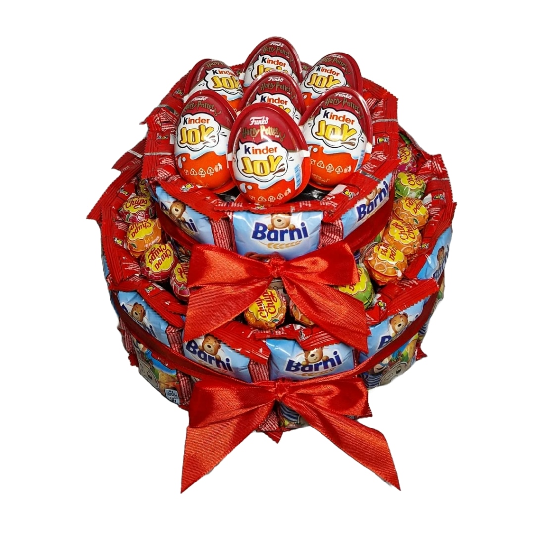 Tort cu doua etaje pentru copii cu prajiturele cu visine, acadele si ...