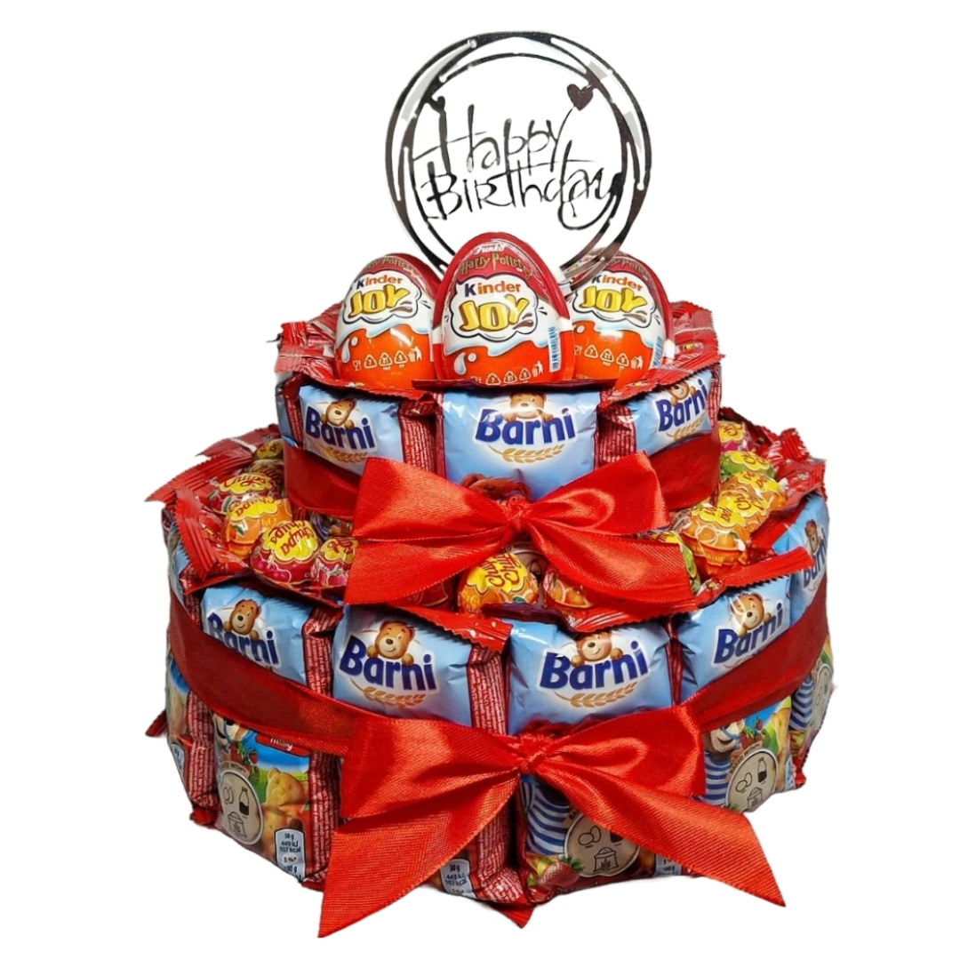 Tort cu doua etaje pentru copii cu prajiturele cu visine, acadele si ...