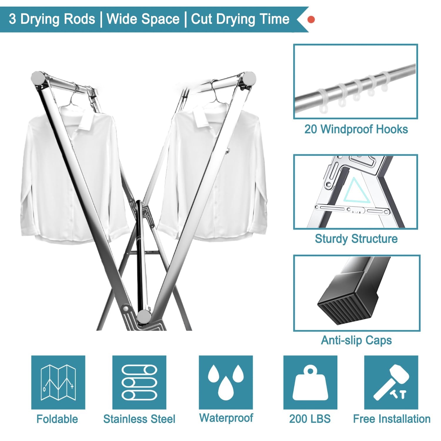 Uscator rufe OVERTANG, inox, pliabil, 2.4m, pentru interior si exterior ...