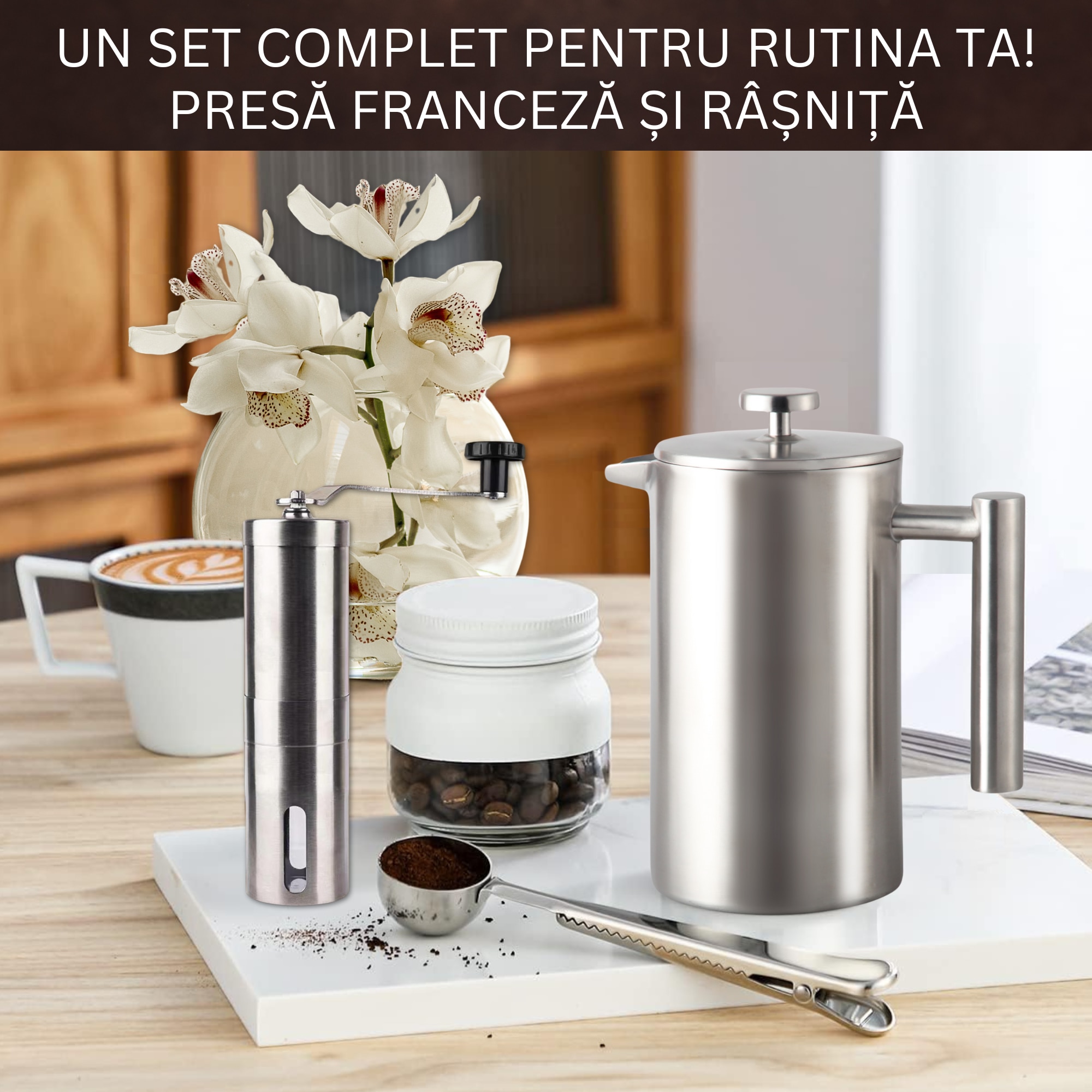 Set 2 in 1, Cafetiera cu presa franceza pentru cafea, ceai, spumare ...