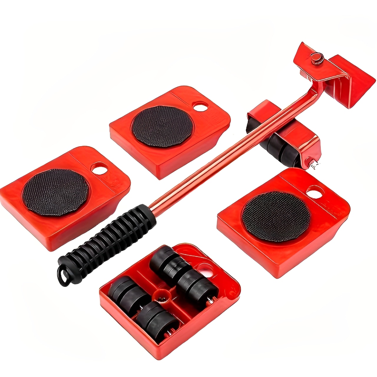 Set suport cu roti pentru mutat mobila, Rosu/Negru, 5 piese - eMAG.ro