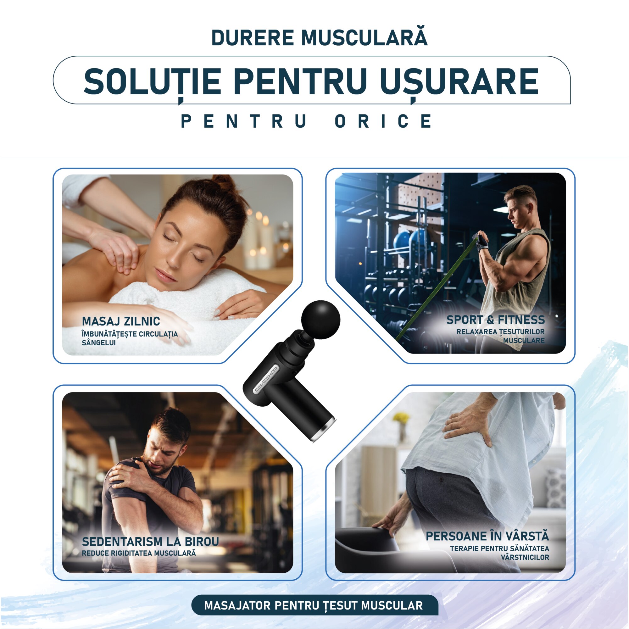 Mini Aparat Pentru Masaj Profesional Tip Pistol SeveShop, 4 Capete, 6 ...