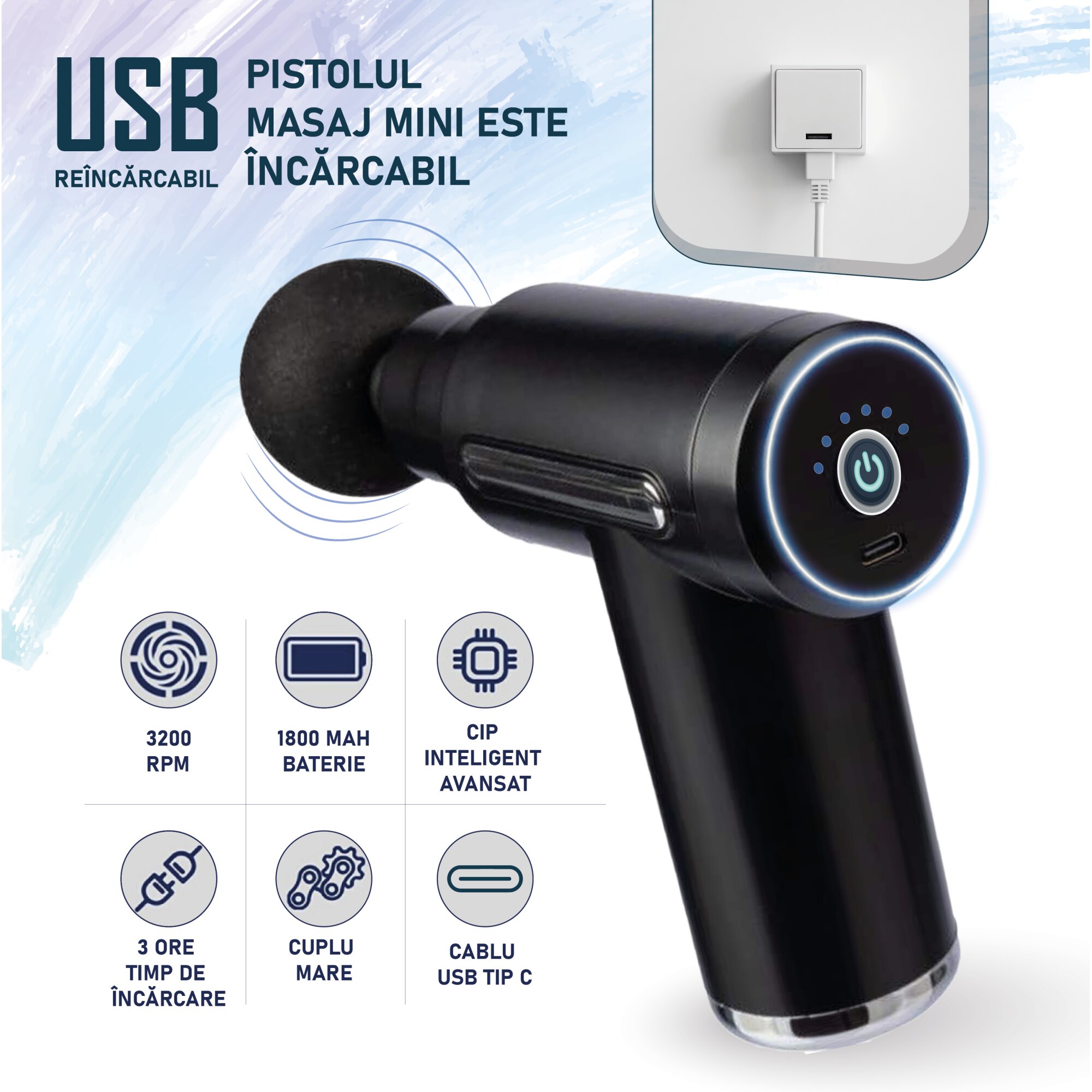 Mini Aparat Pentru Masaj Profesional Tip Pistol SeveShop, 4 Capete, 6 ...