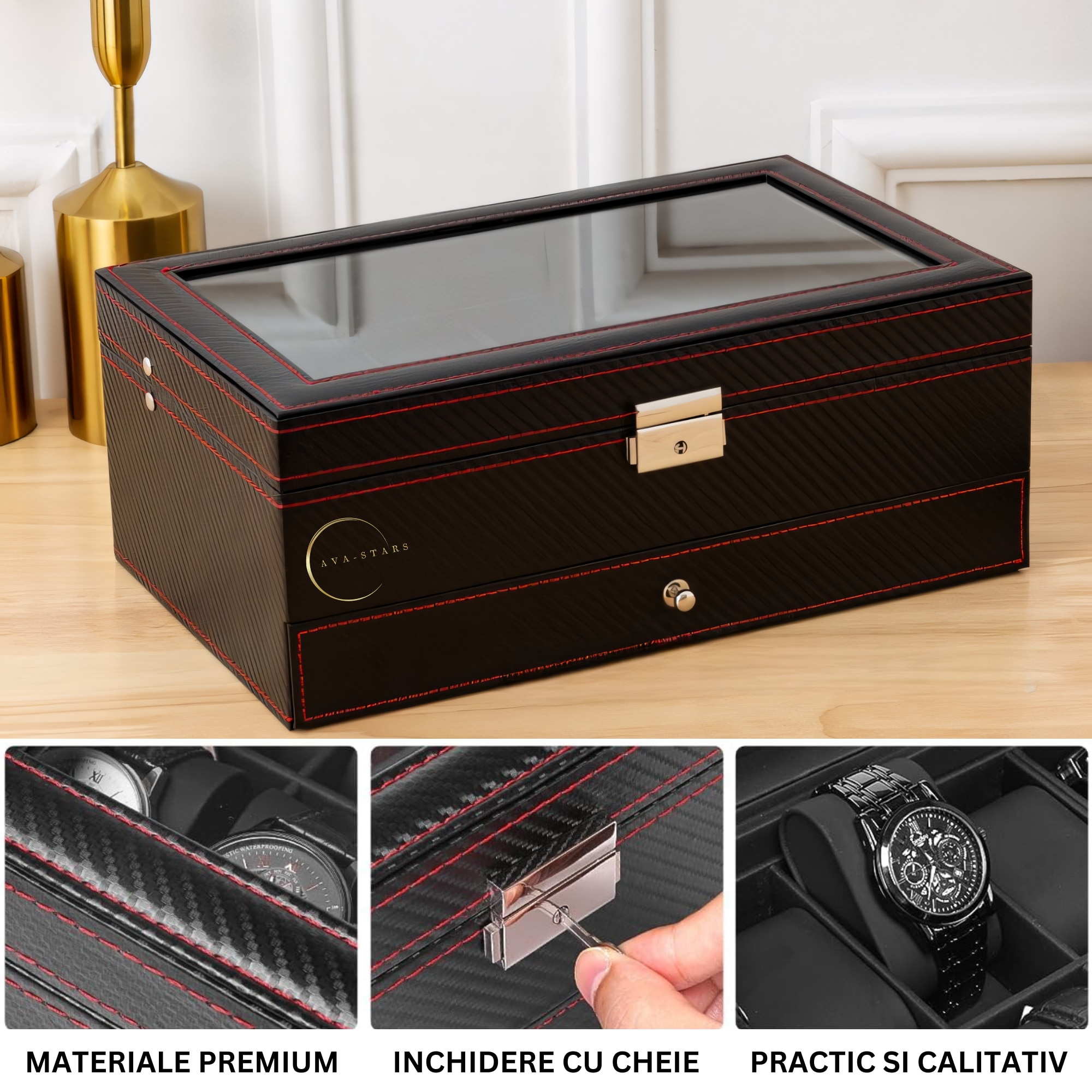 Cutie pentru ceasuri, Exterior din Fibra de Carbon, Geam transparent ...