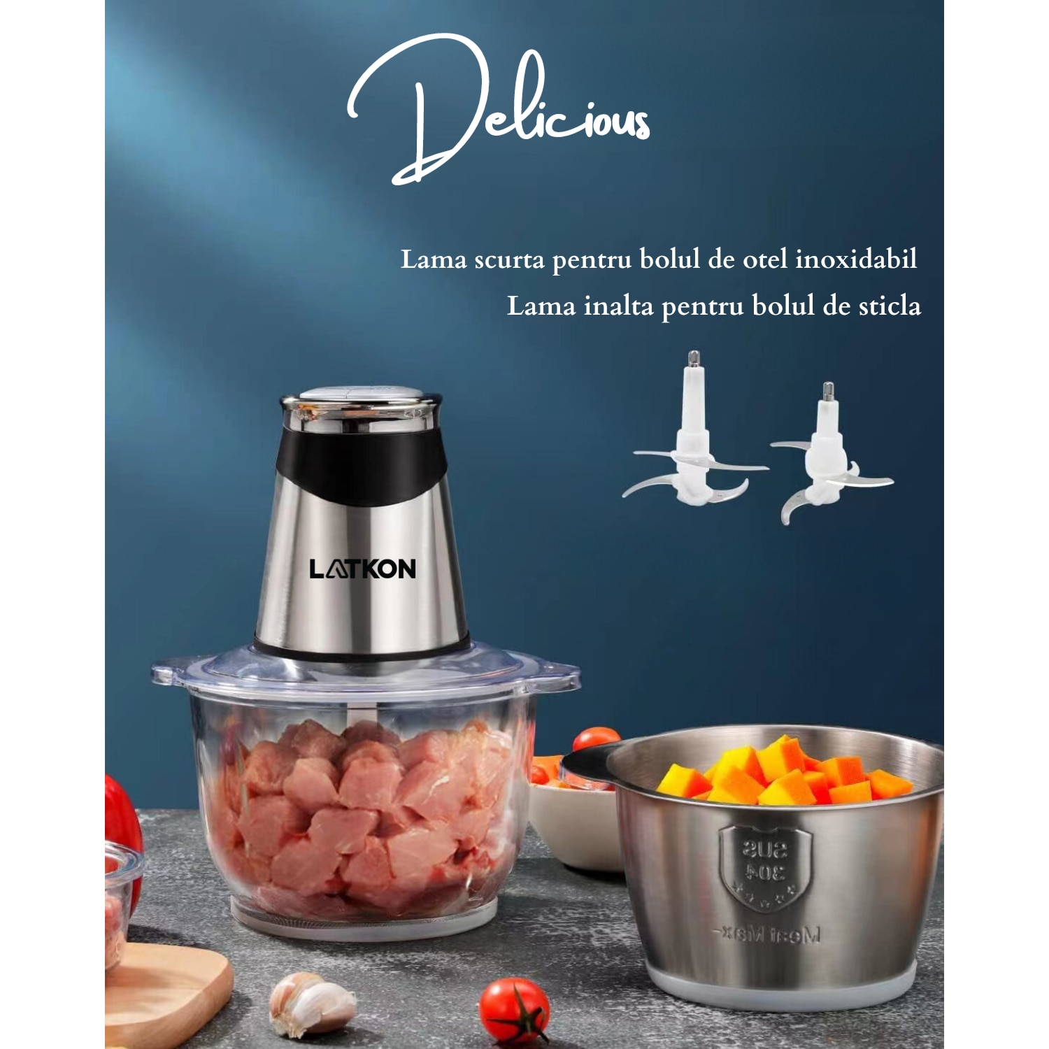 Tocator electric pentru alimente, Latkon AMJ-217A, 400W, 1.2/2L, Lame ...