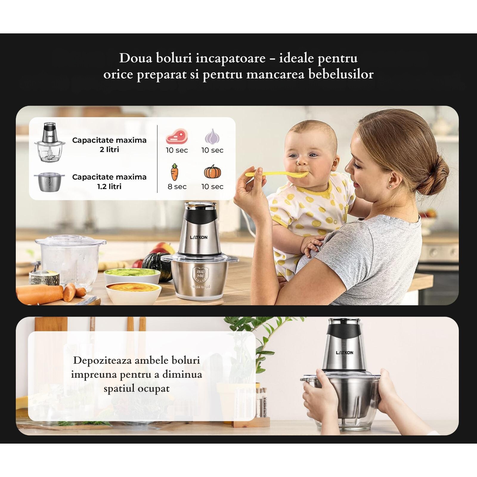 Tocator electric pentru alimente, Latkon AMJ-217A, 400W, 1.2/2L, Lame ...