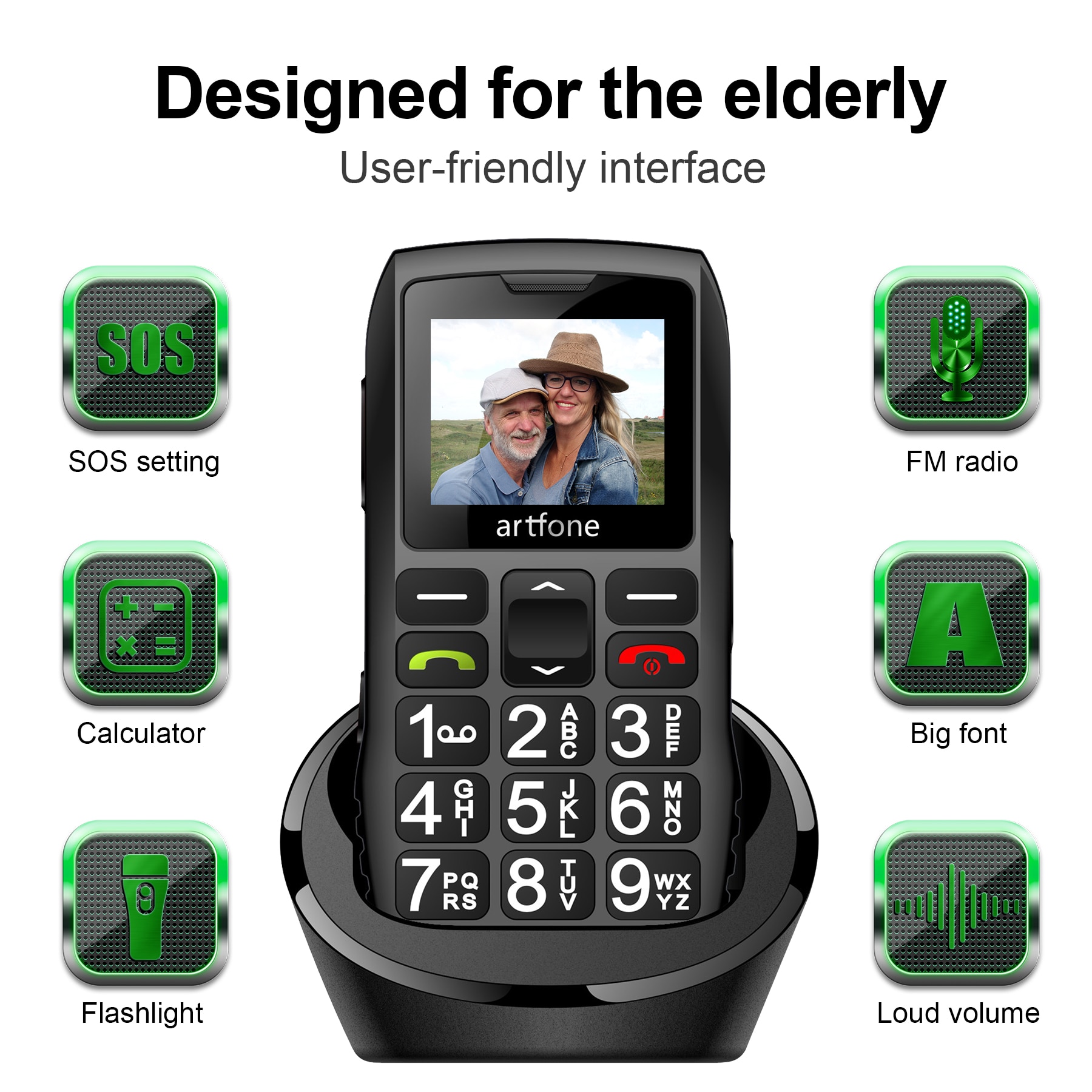 Artfone C1 PLUS Telefon mobil pentru seniori, Butoane mari, Dual SIM ...