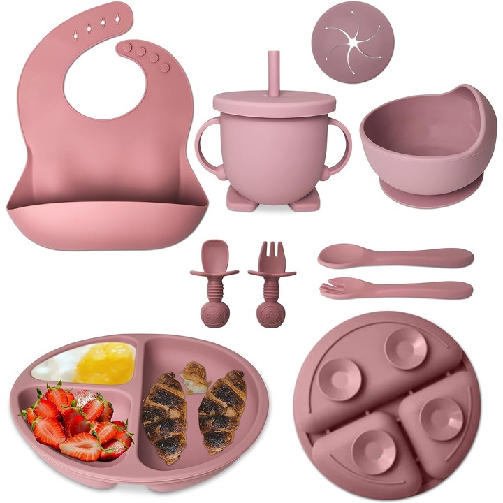 Set hranire bebelusi 10 piese Zenai®, diversificare, silicon, baveta, farfurie cu CAPAC, bol cu ...