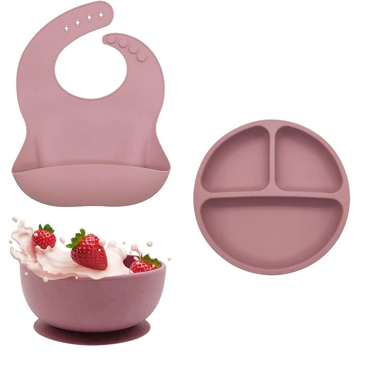 Set hranire bebelusi 10 piese Zenai®, diversificare, silicon, baveta, farfurie cu CAPAC, bol cu ...