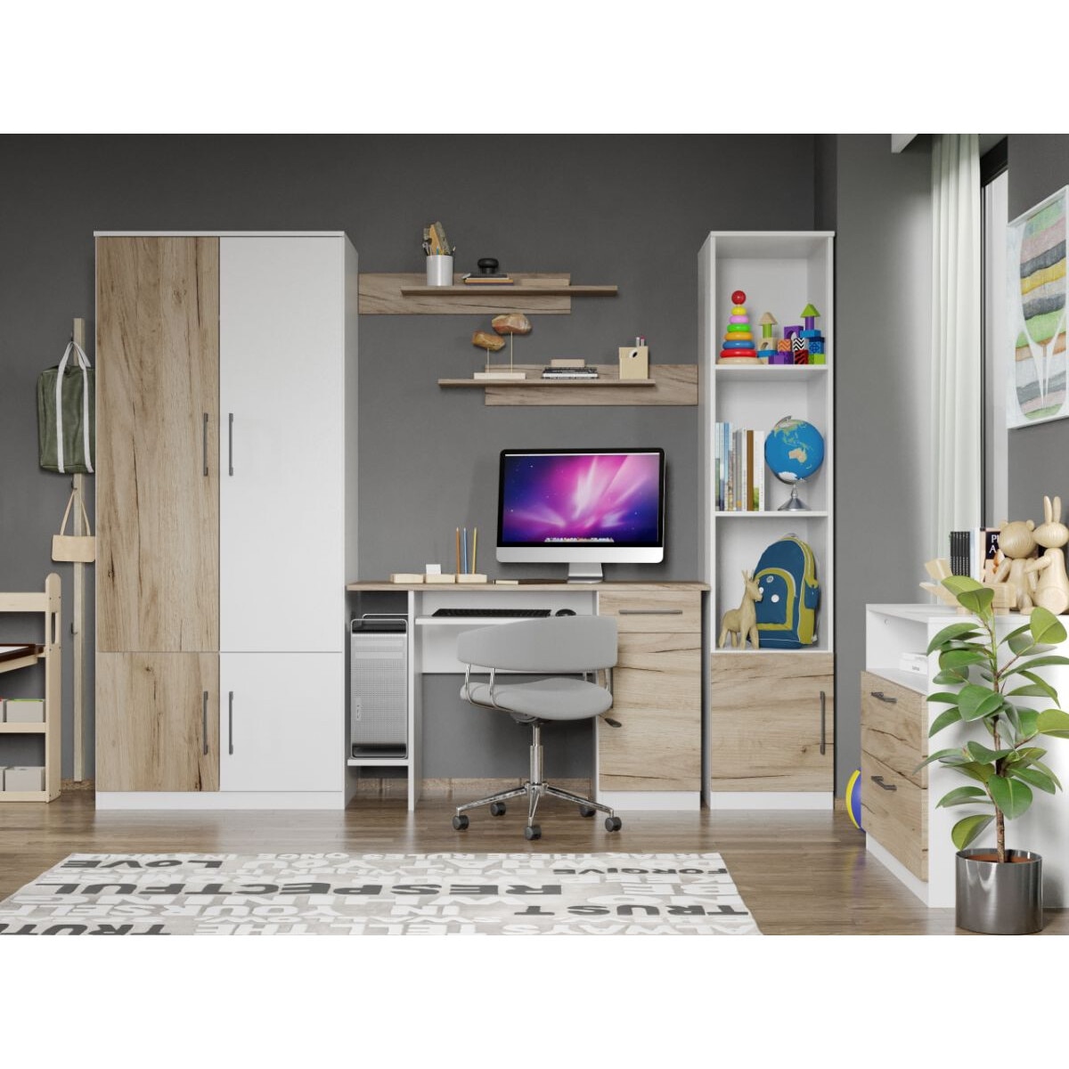 Set Mobila Camera Tineret, Mihai C02, Dulap 83 cm, Corp polite, Birou ...