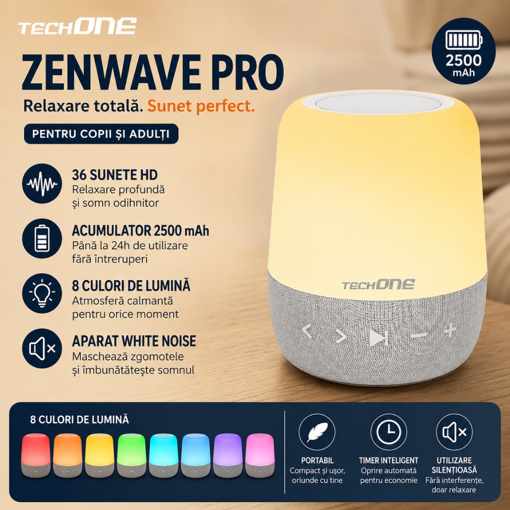 Dispozitiv Sunete Albe Techone® ZenWave Pro, 36 sunete HD, Acumulator ...