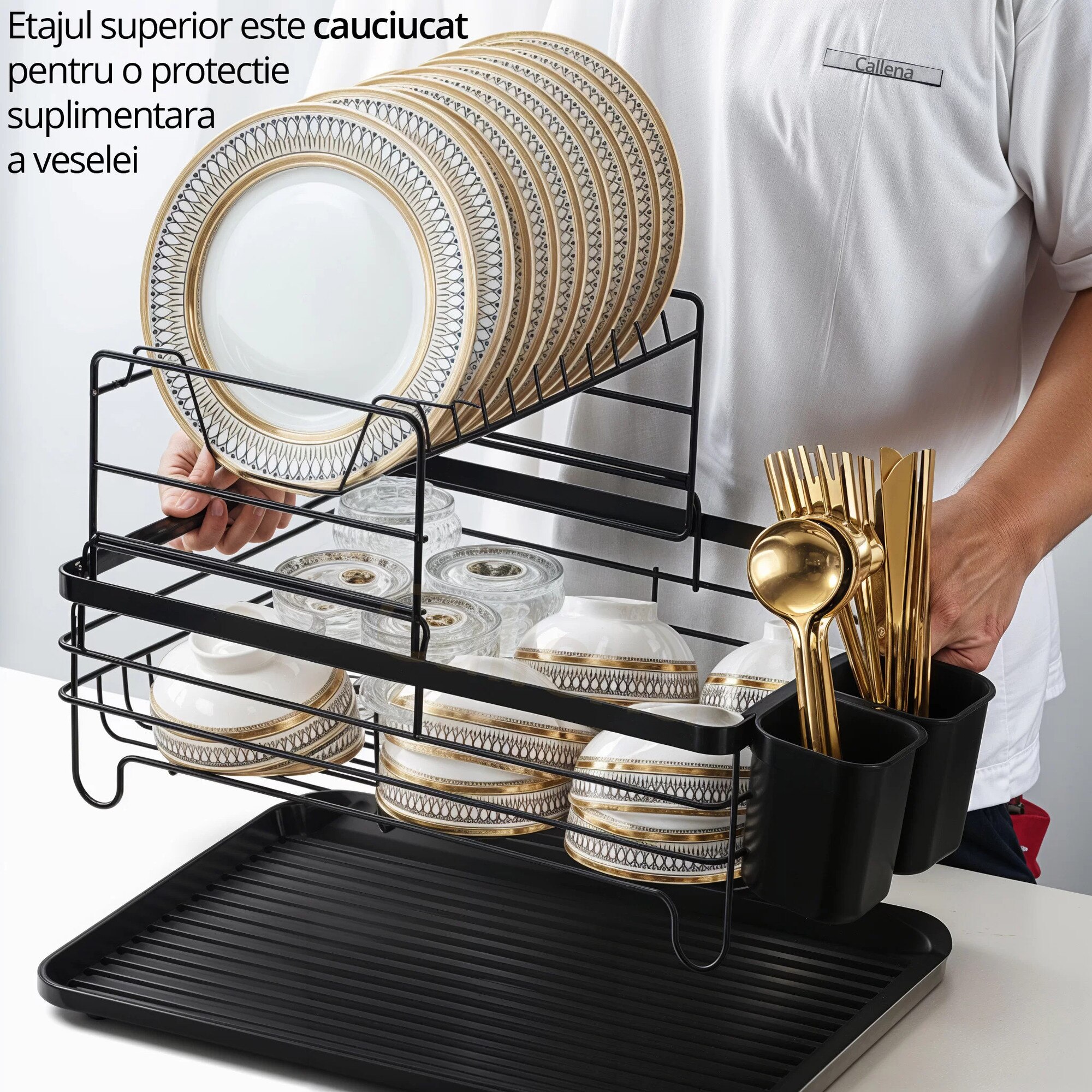 Scurgator, picurator vase chiuveta etajat, cu suport tacamuri, negru ...