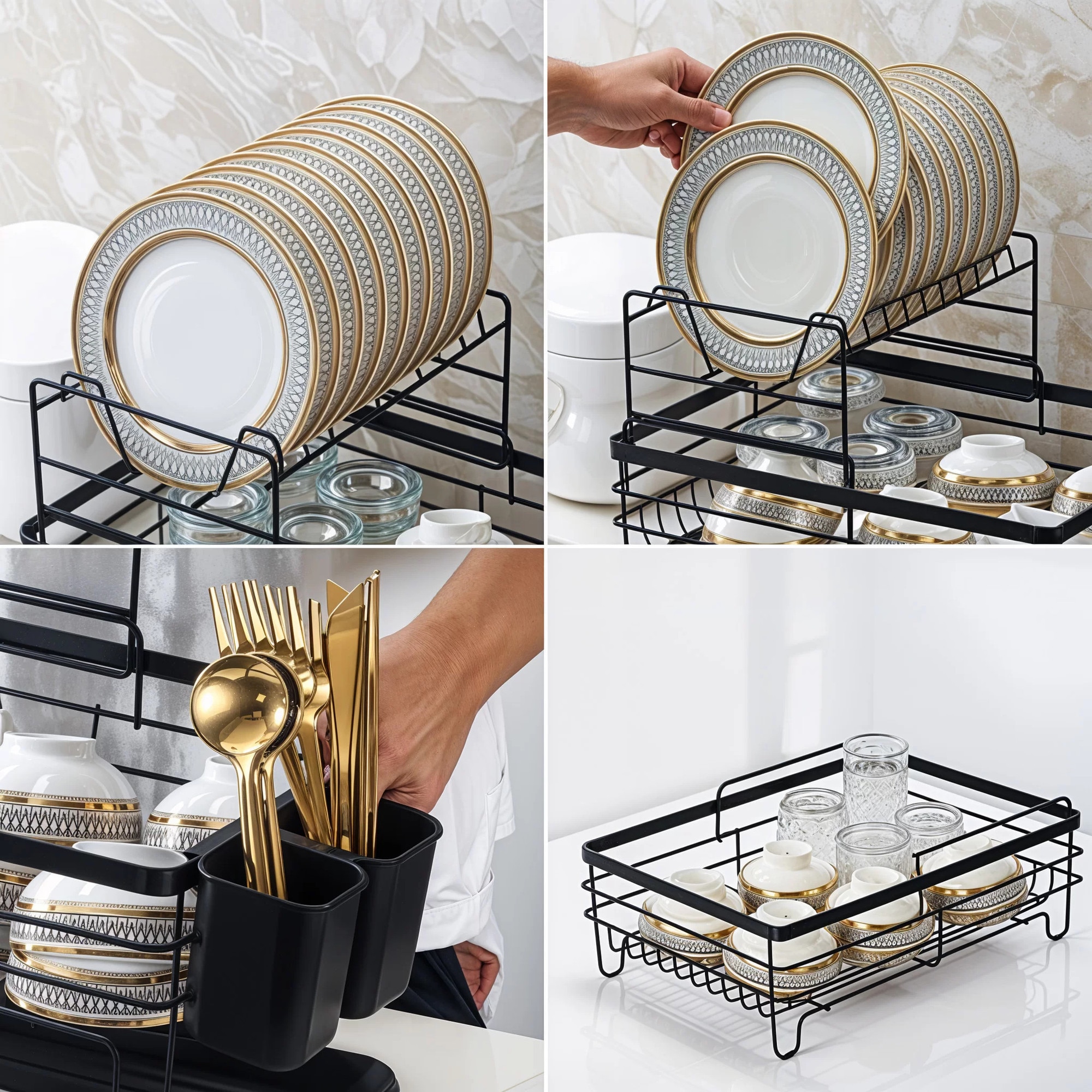 Scurgator, picurator vase chiuveta etajat, cu suport tacamuri, negru ...