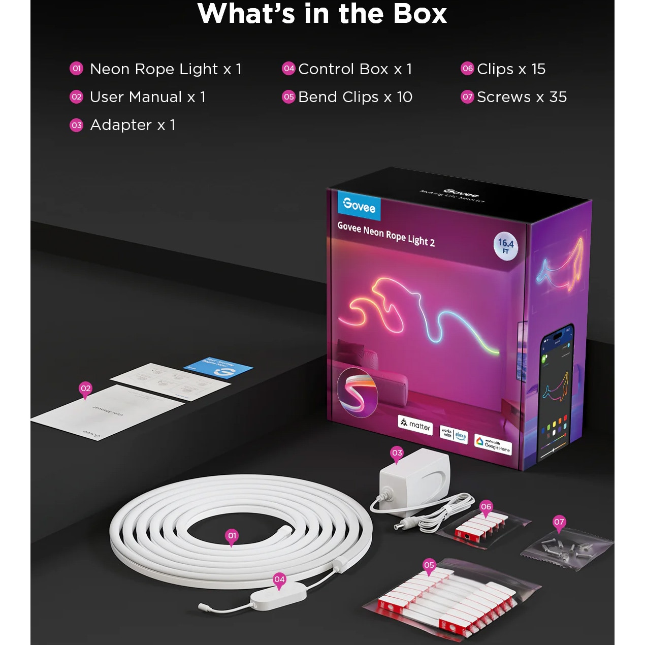 Banda LED inteligenta Govee Neon H61D3 RGBIC, Wi-Fi, Bluetooth, Matter ...