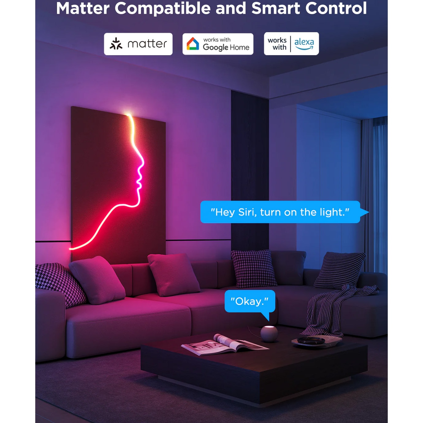 Banda LED inteligenta Govee Neon H61D5 RGBIC, Wi-Fi, Bluetooth, Matter ...